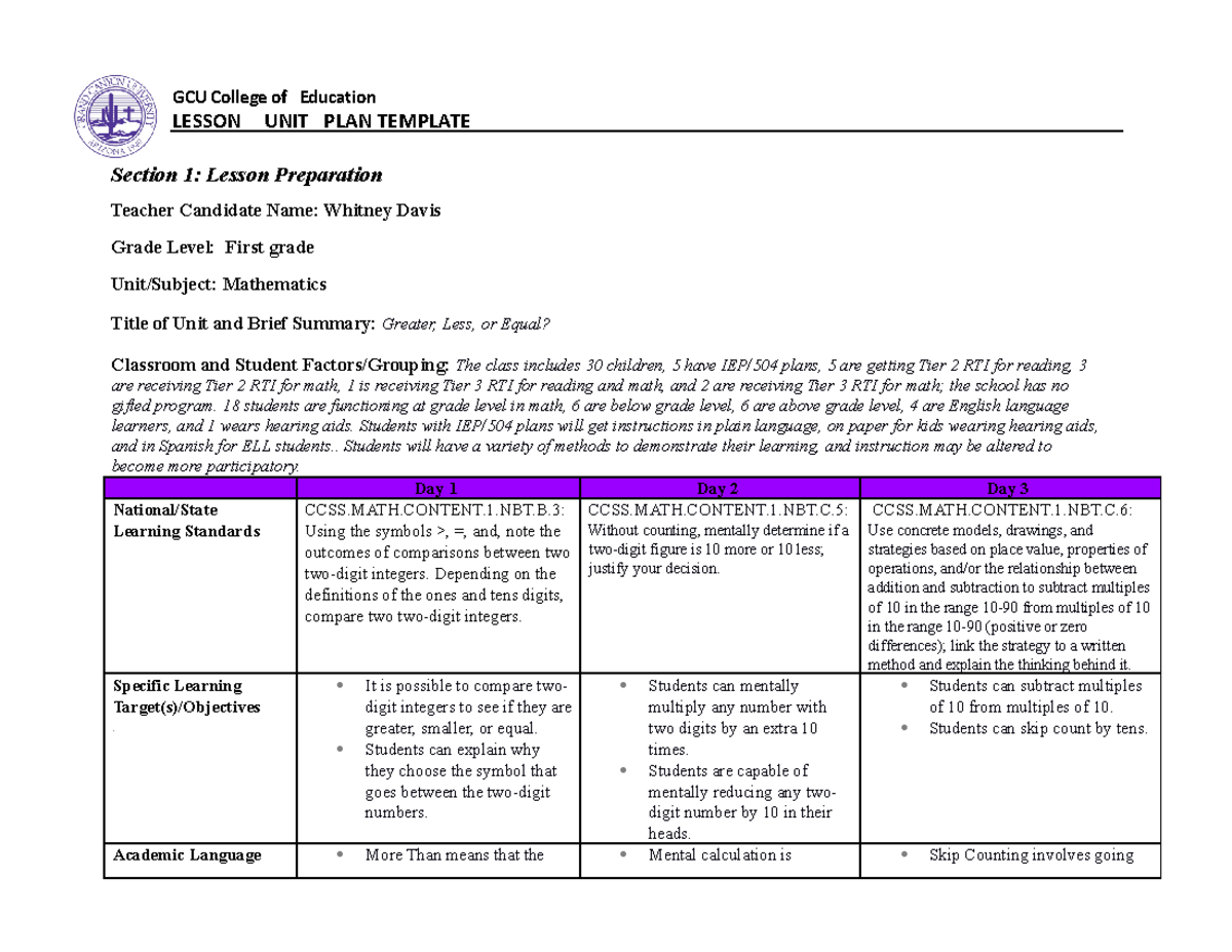 Elm 470 3-day unit plan - Assignment. Made an A - Section 1: Lesson ...