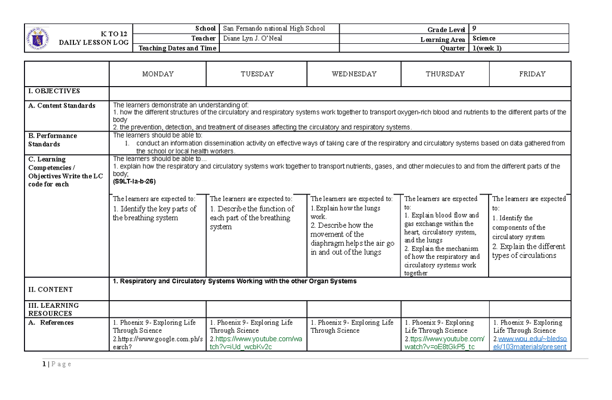 DLL Science 9 Q1 WEEK 1 - Zgdhjyiduf - K TO 12 DAILY LESSON LOG School ...