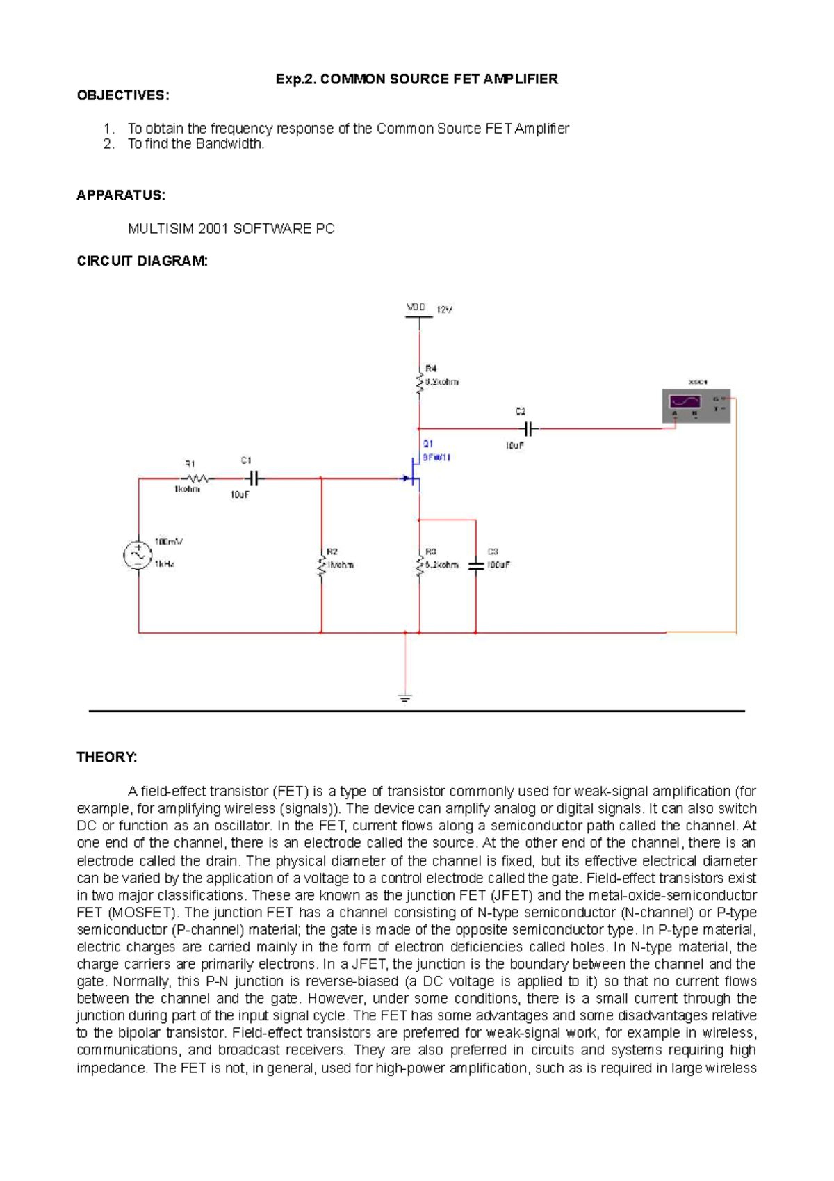 ECE3 Experiment 2 katehanselgalario - Exp. COMMON SOURCE FET AMPLIFIER ...