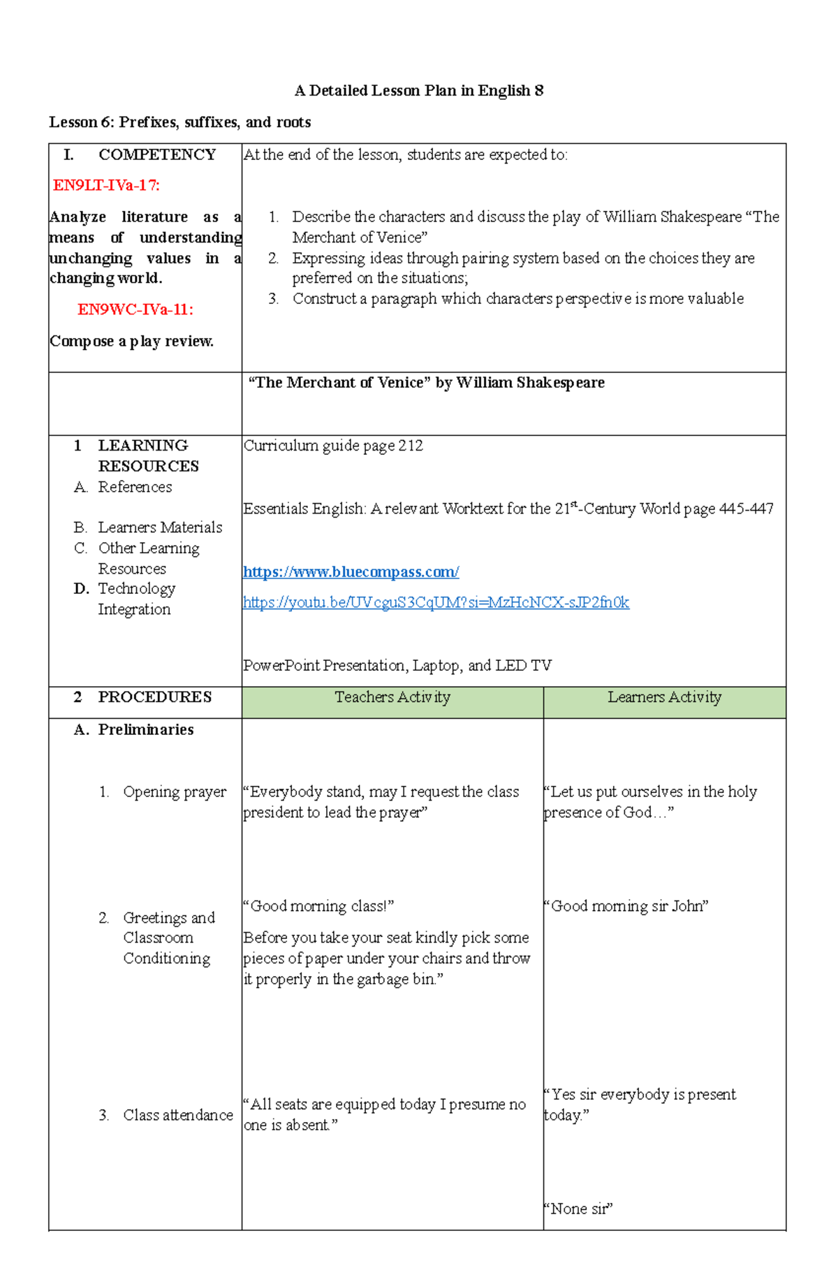 DLP Merchant of Venice - A Detailed Lesson Plan in English 8 Lesson 6 ...