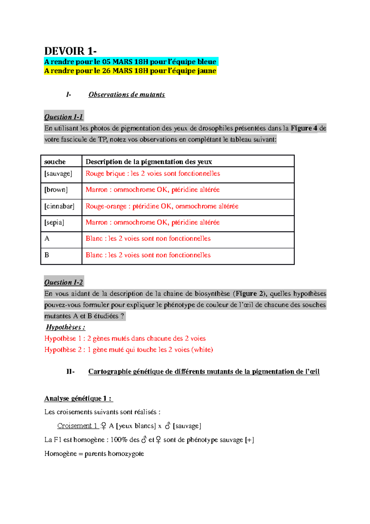 Preparation TP1 génétique - DEVOIR 1- A rendre pour le 05 MARS 18H pour l’équipe bleue A rendre ...