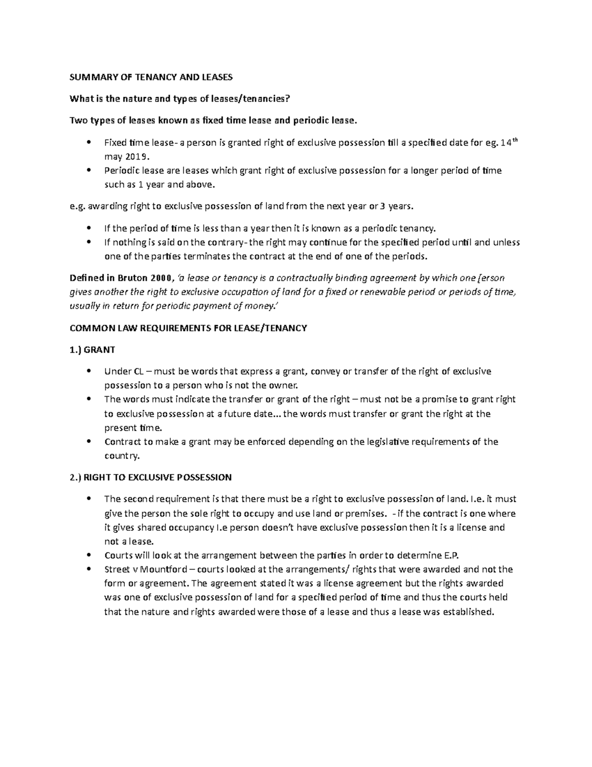 Tenancies - SUMMARY OF TENANCY AND LEASES What is the nature and types ...