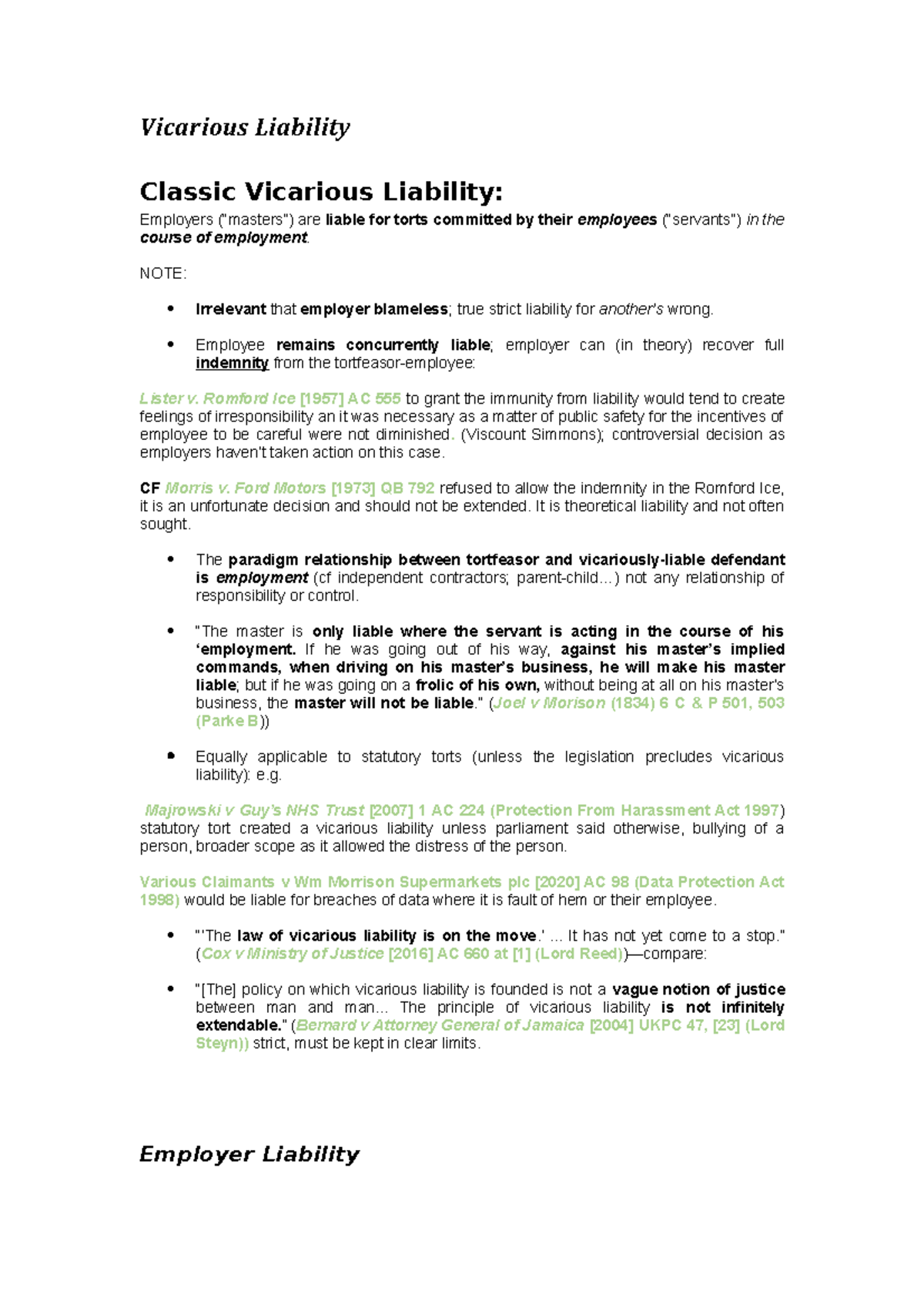 VL handout 2021 - lecture notes - Vicarious Liability Classic Vicarious ...