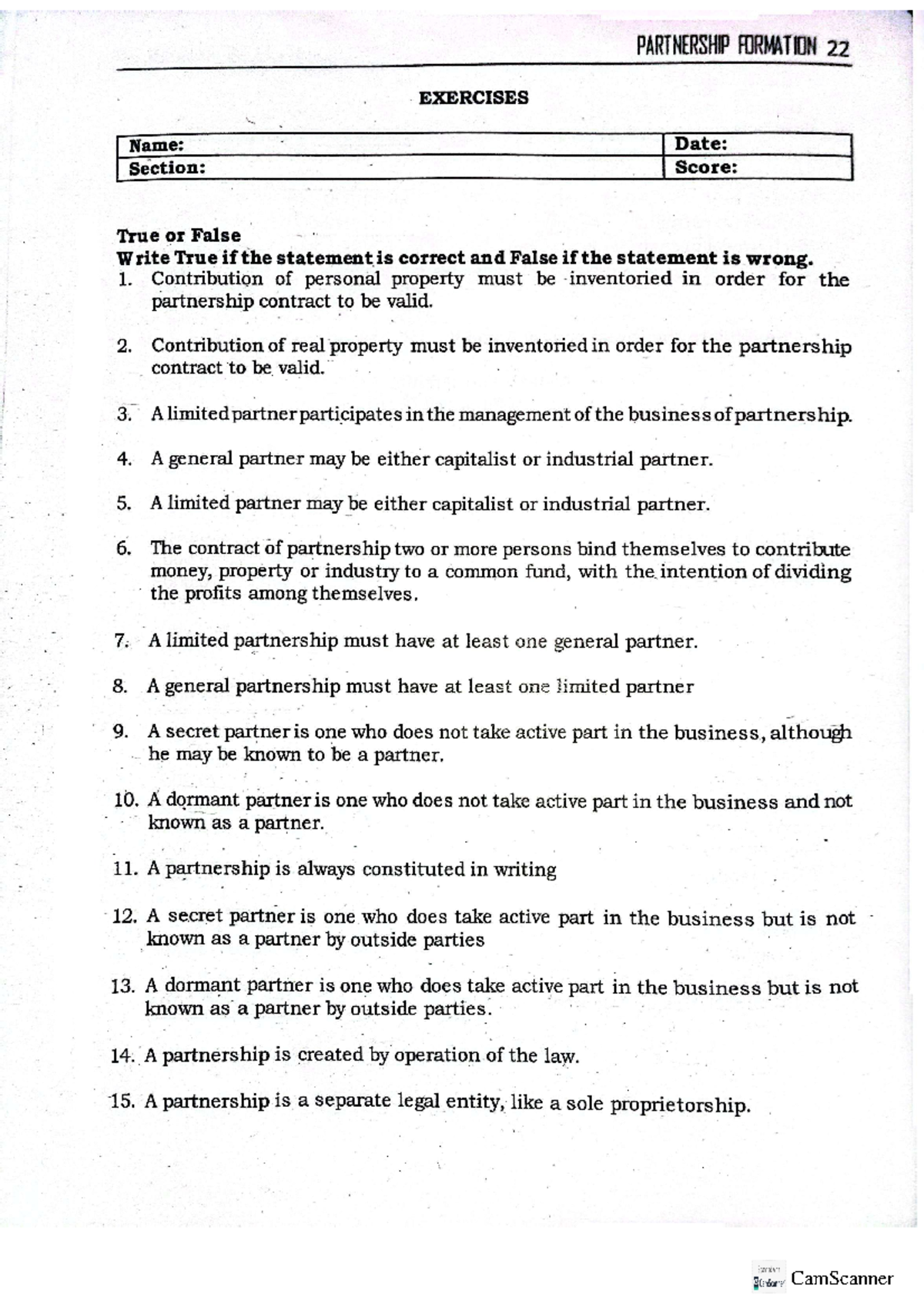 AFAR 1 Partnership Formation Exercises - PARTNERSHIP FORMATION 22 ...