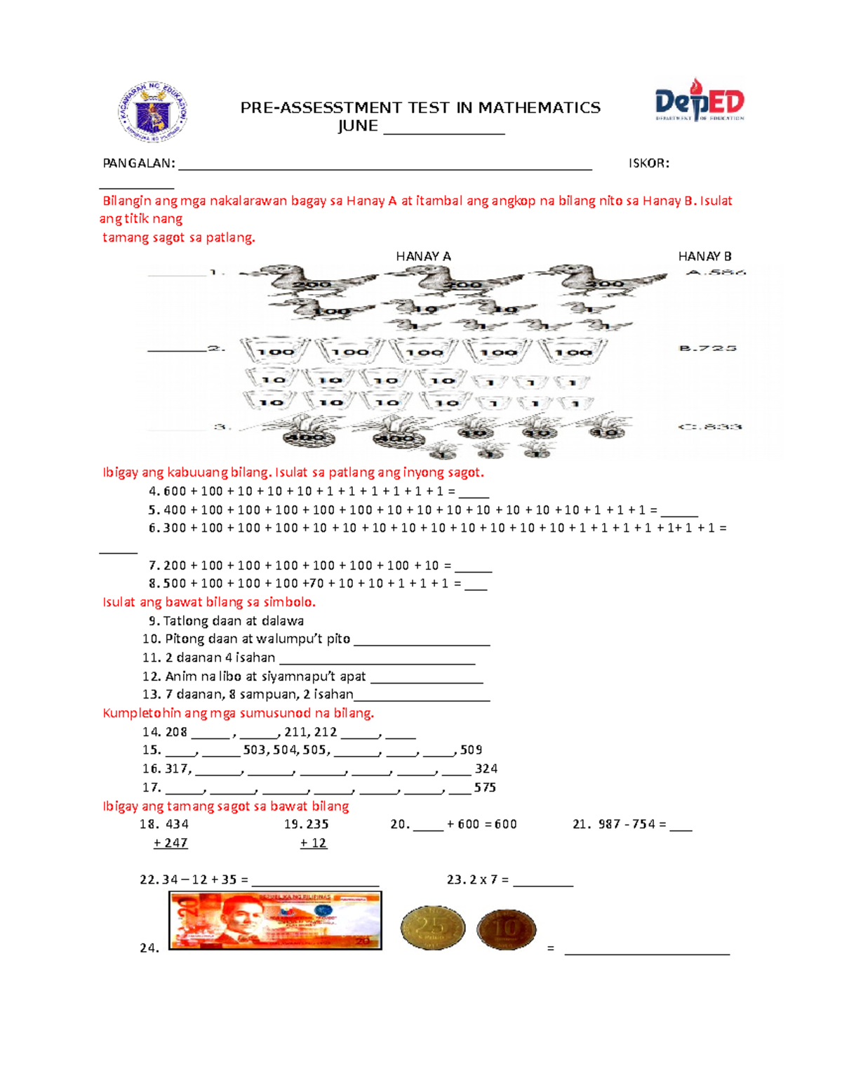 PRE-TEST Mathematics 2 - PRE-ASSESSTMENT TEST IN MATHEMATICS JUNE ...