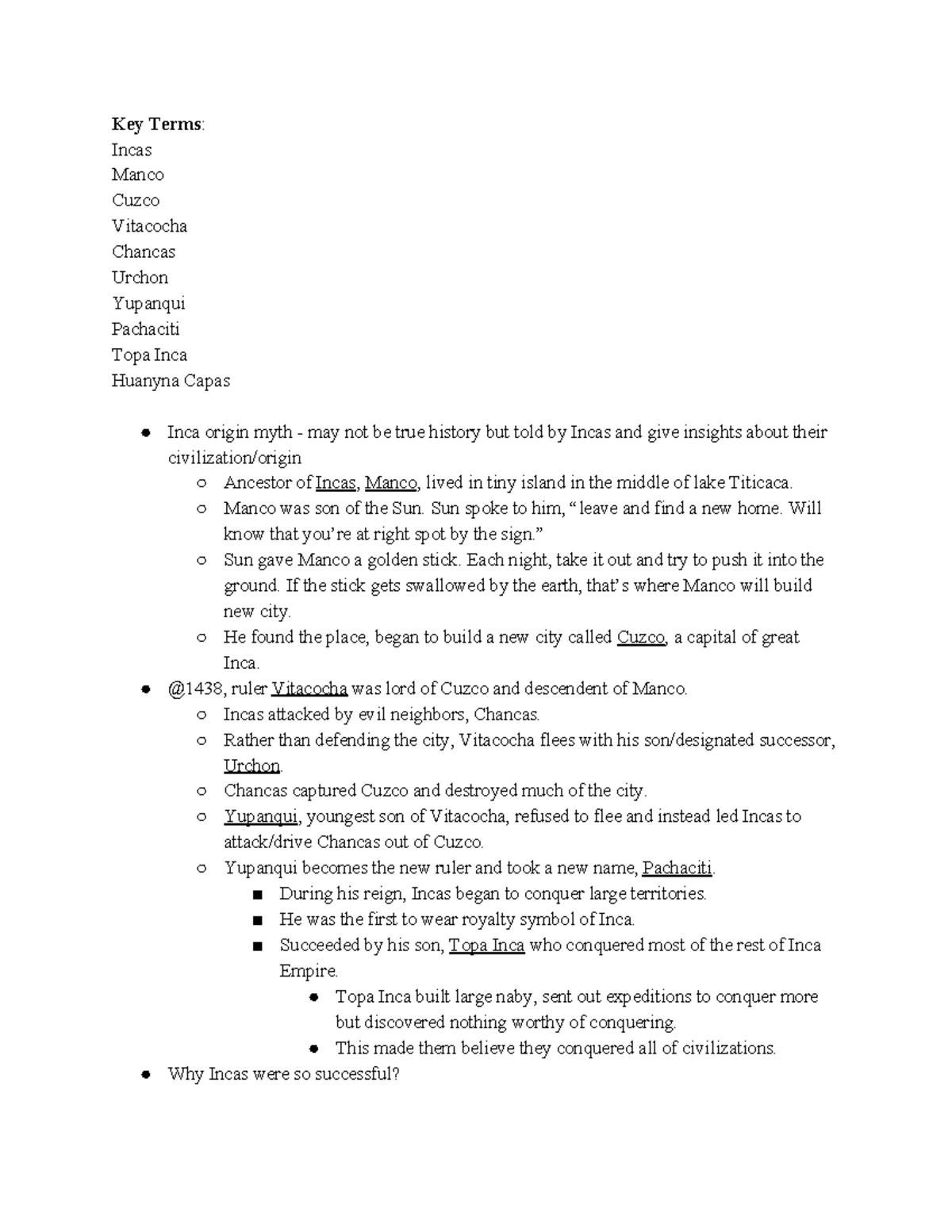HIST010 Inca 1 - Lecture notes 11 - Key Terms : Incas Manco Cuzco ...