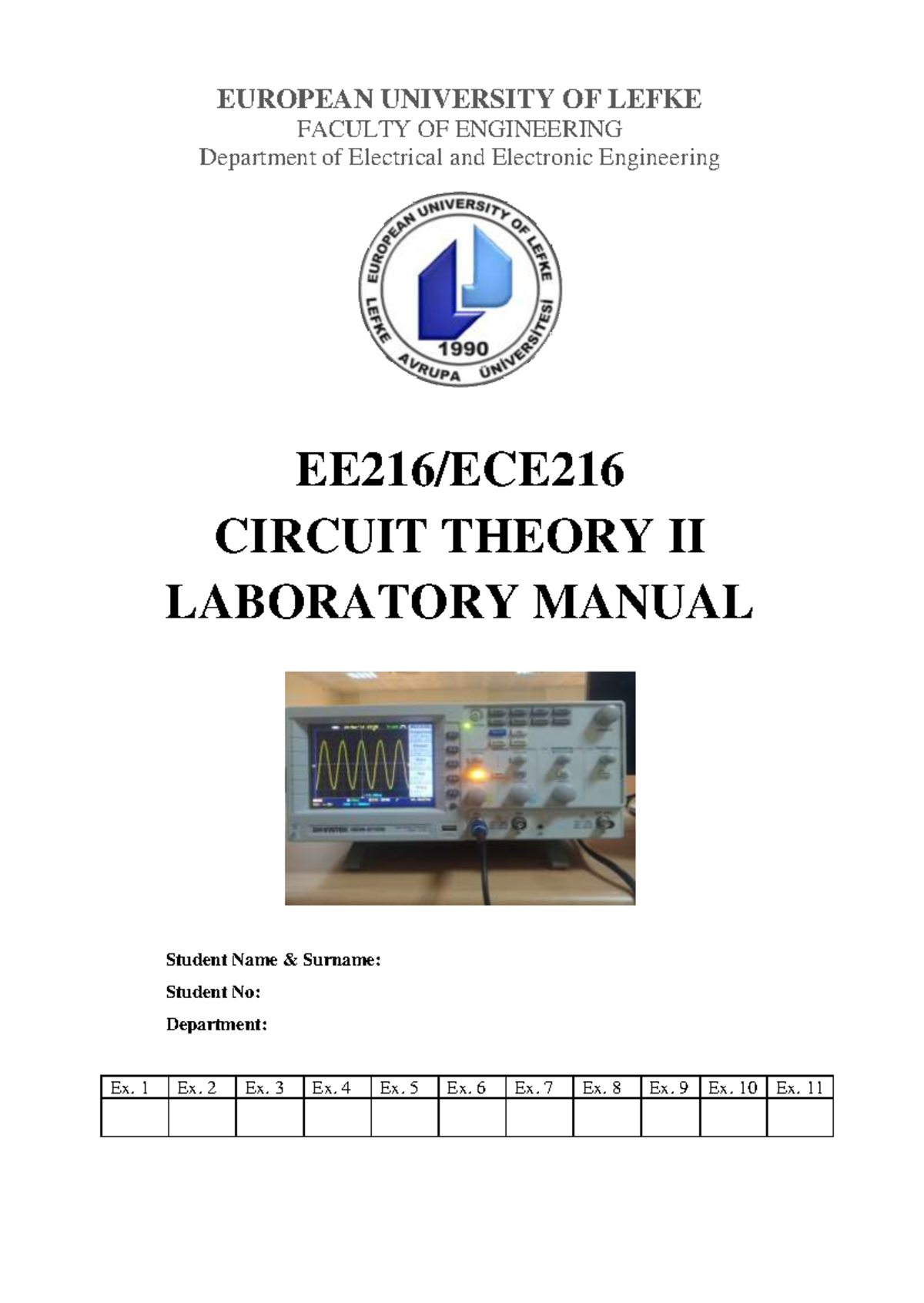 EE216 ECE216 Circuit Theory 2 Lab manual - EUROPEAN UNIVERSITY OF LEFKE FACULTY OF ENGINEERING ...