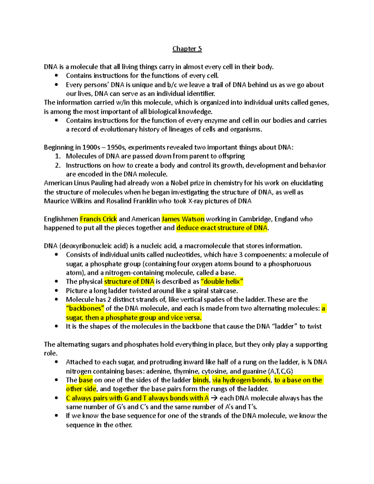 Biology chapter 5 - Lecture notes 1 - Chapter 5 DNA is a molecule that ...