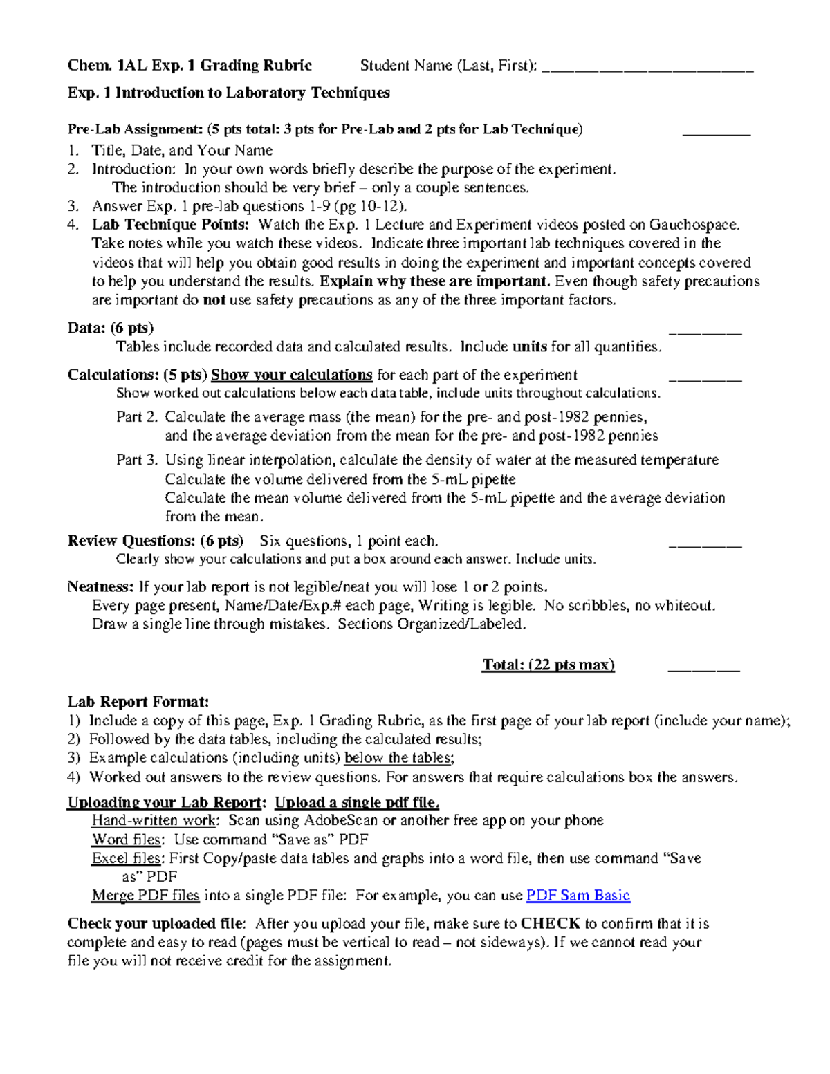 Experiment 1 Chem 1AL - Chem. 1AL Exp. 1 Grading Rubric Student Name ...