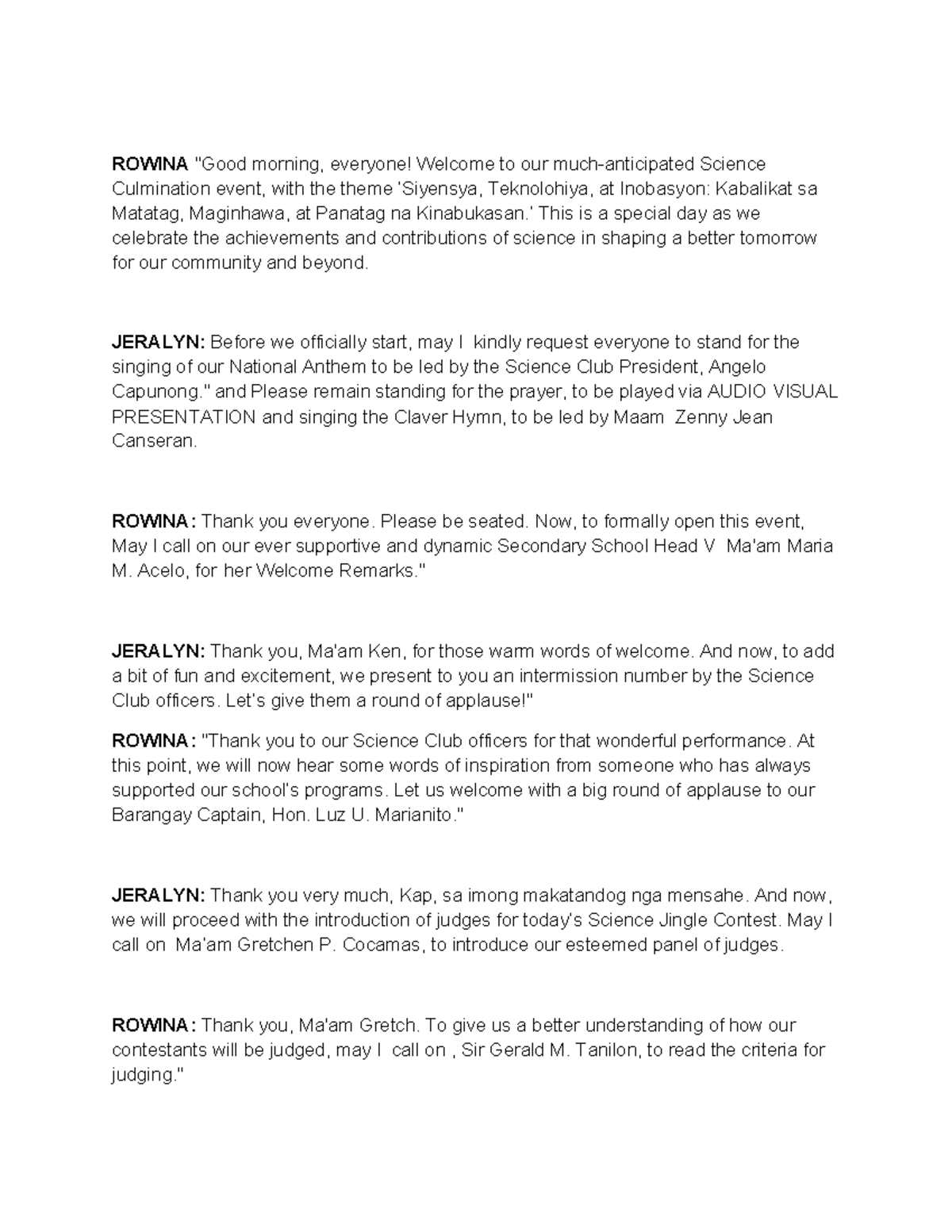 Script FOR Science Culmination - ROWINA "Good morning, everyone ...