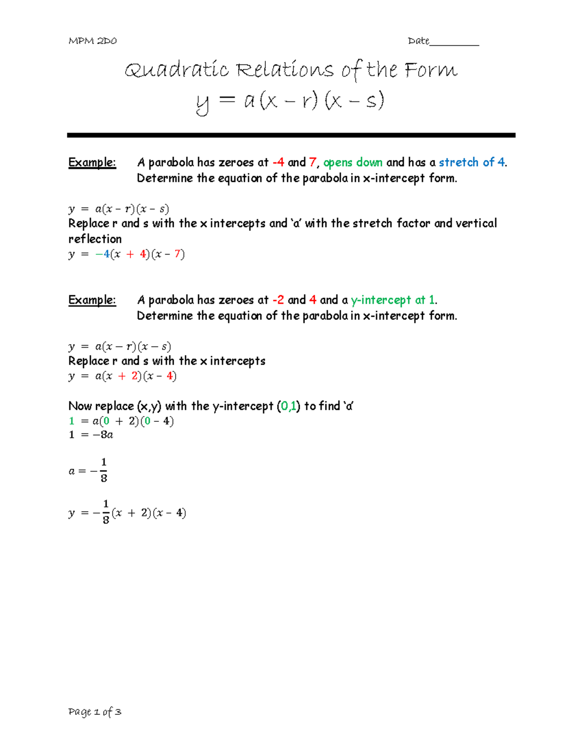 Lesson and Practice Solutions - MPM 2D0 Date___________ Page 1 of 3 ...
