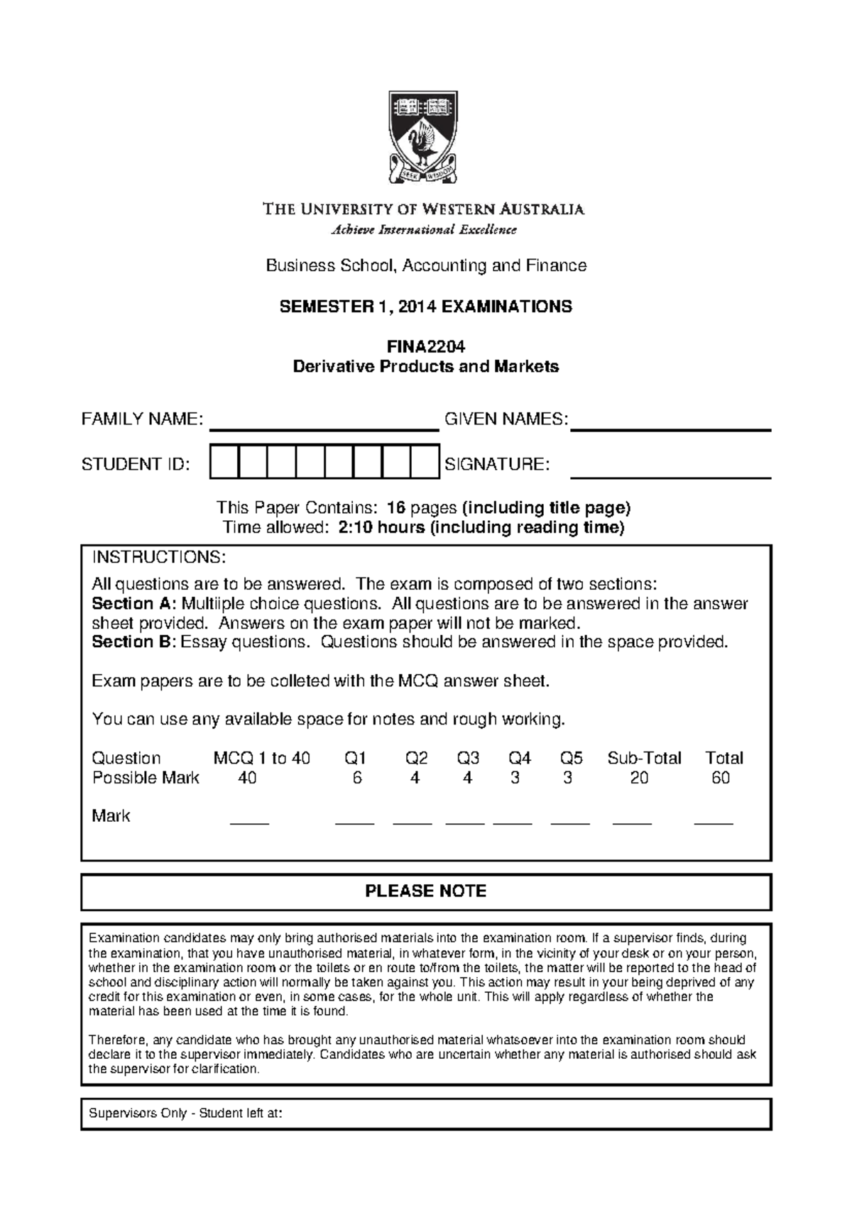 Sample/practice exam 4 July 2013 - Business School, Accounting and ...