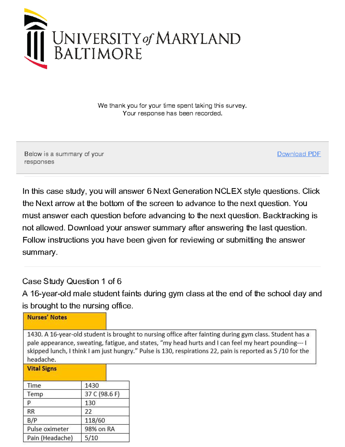 Response Summary - NCLEX Case study - Below is a summary of your ...