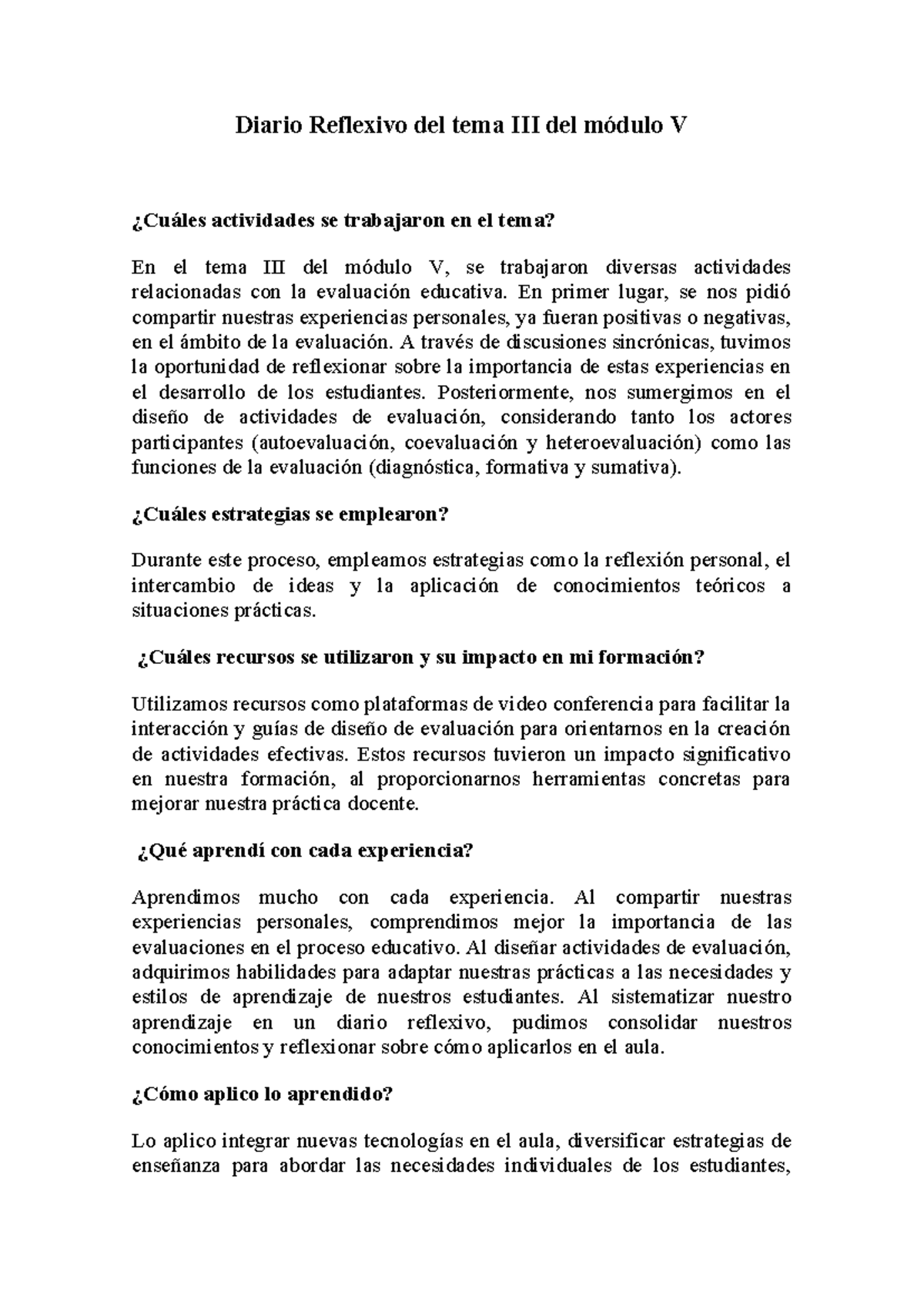 Diario Reflexivo del tema III del módulo V - Diario Reflexivo del tema III del módulo V ¿Cuáles ...