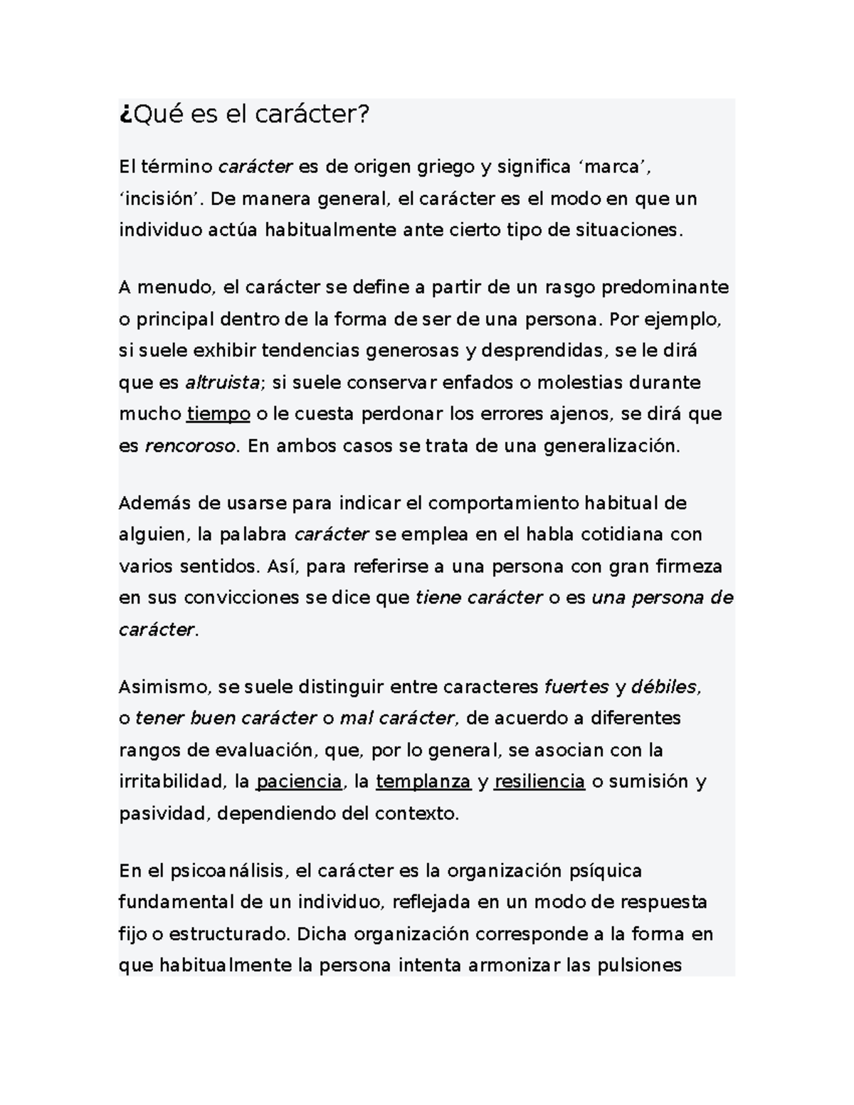 Carácter - apuntes - ¿Qué es el carácter? El término carácter es de ...