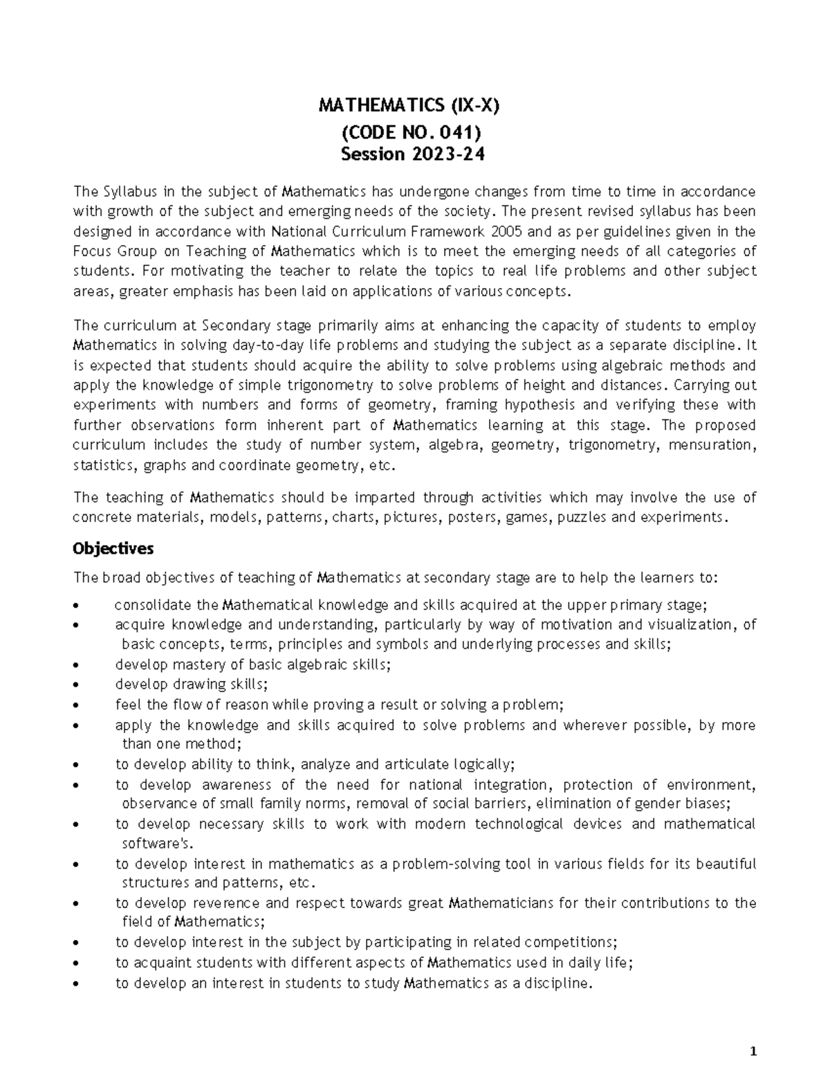Maths Syllabus 10th 2023-24 - MATHEMATICS (IX-X) (CODE NO. 041) Session ...
