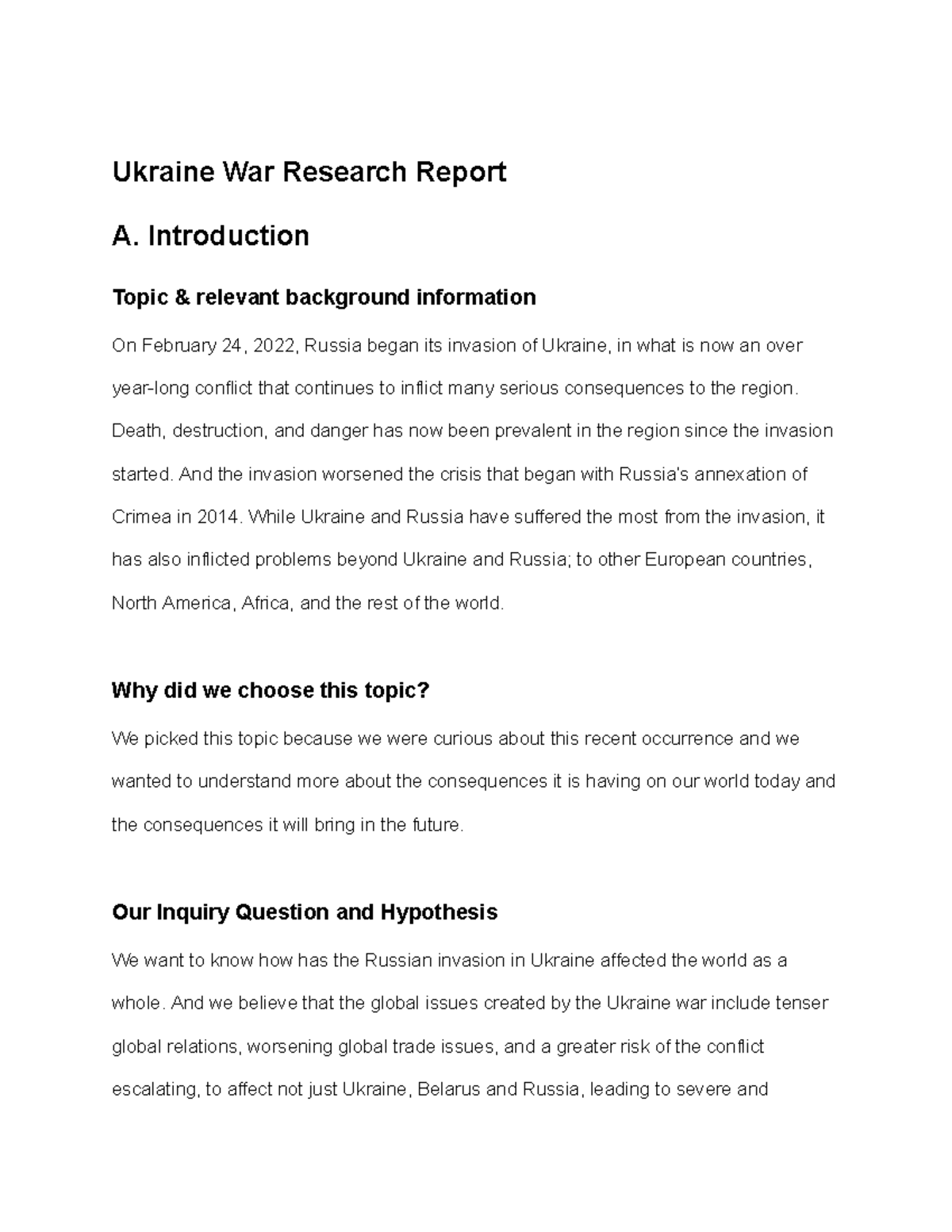 HSE4M Research Project - Written Report Ukraine War