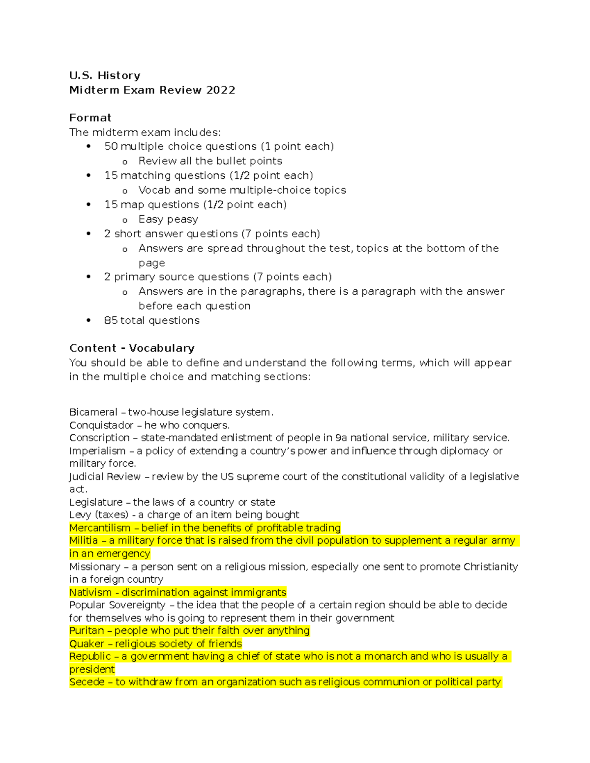 Midterm study guide - U. History Midterm Exam Review 2022 Format The ...