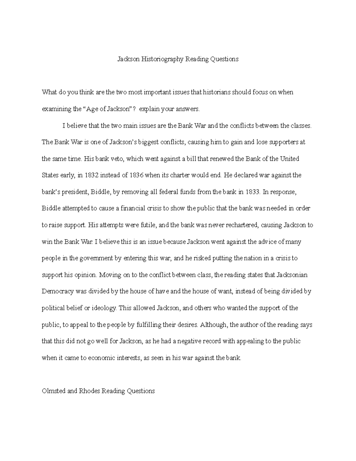 Jacksonian Historiography Reading - I believe that the two main issues ...