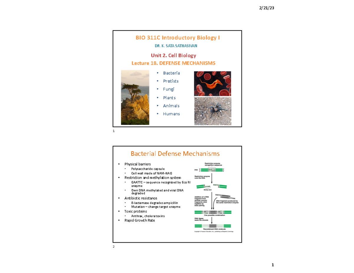 18. Defence Mechanisms-V2 - BIO 311C Introductory Biology I DR. K. SATA ...