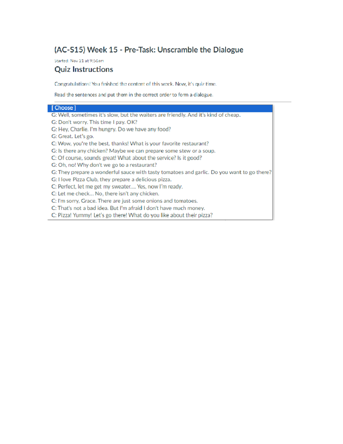 (AC-S15) Week 15 - Pre-Task Unscramble the Dialogue - Week 15 ...