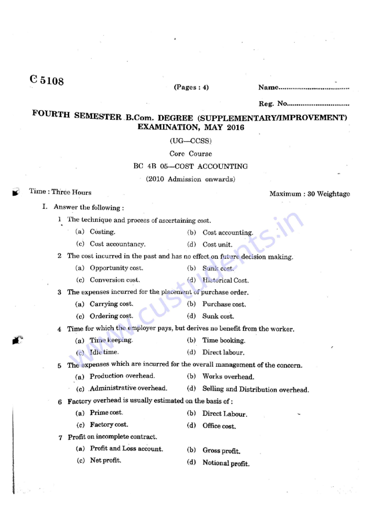 COST Accounting Question Paper - Bachelor of commerce (bcom) - Studocu