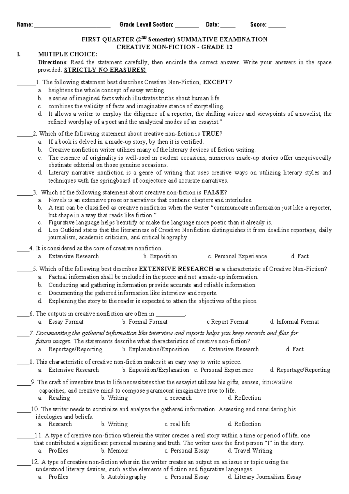 Creative Non-Fiction (Summative) - Name ...