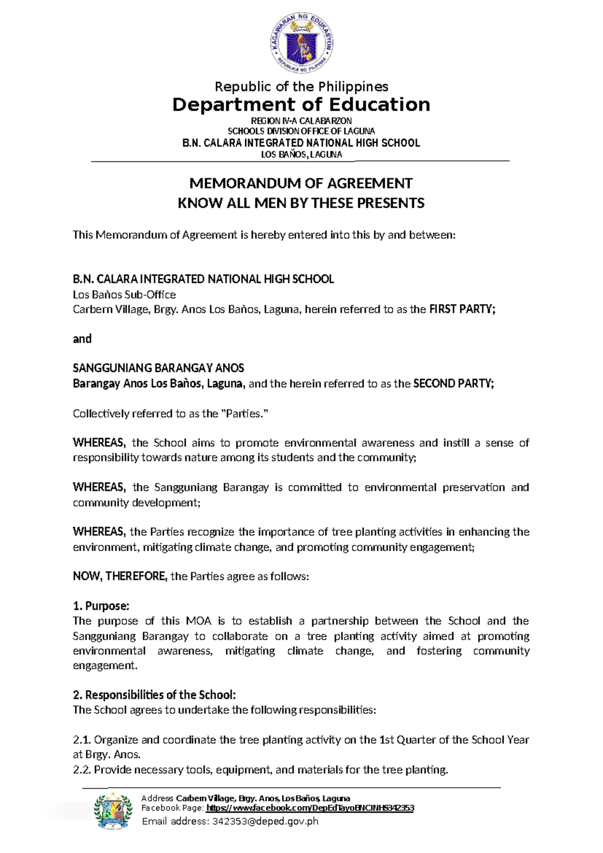 MOA-TREE- Planting - MEMORADUM - Address: Carbern Village, Brgy. Anos ...