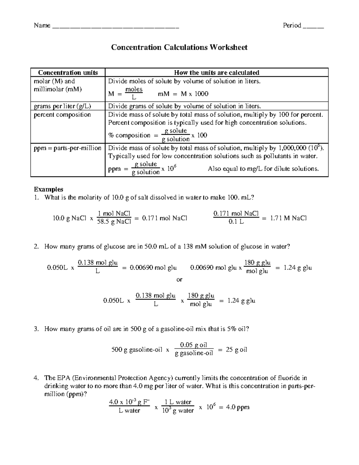 Worksheet - Concentration Calculations honors - Name