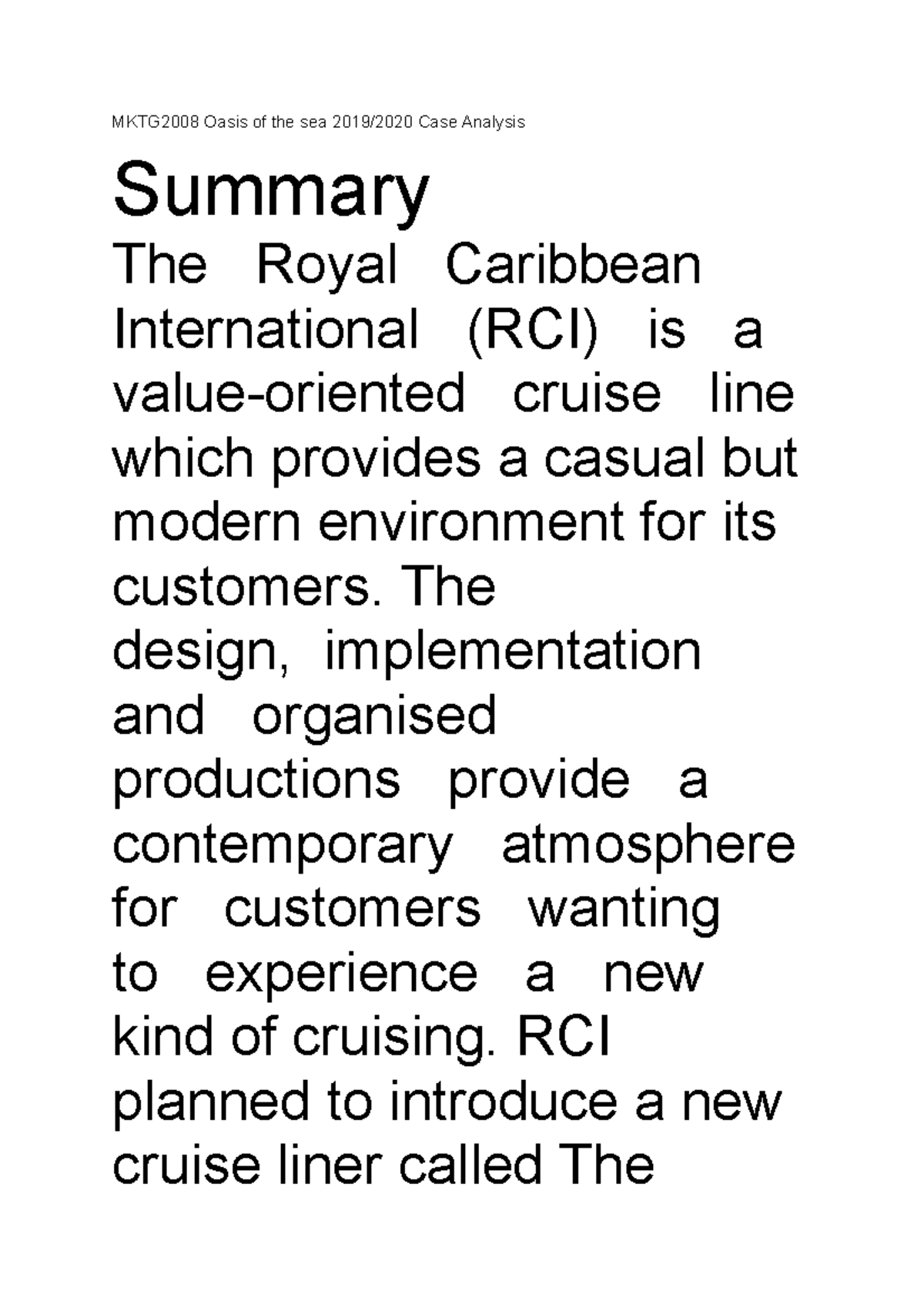 MKTG2008 Oasis of the Sea Example - MKTG2008 Oasis of the sea 2019/2020 ...