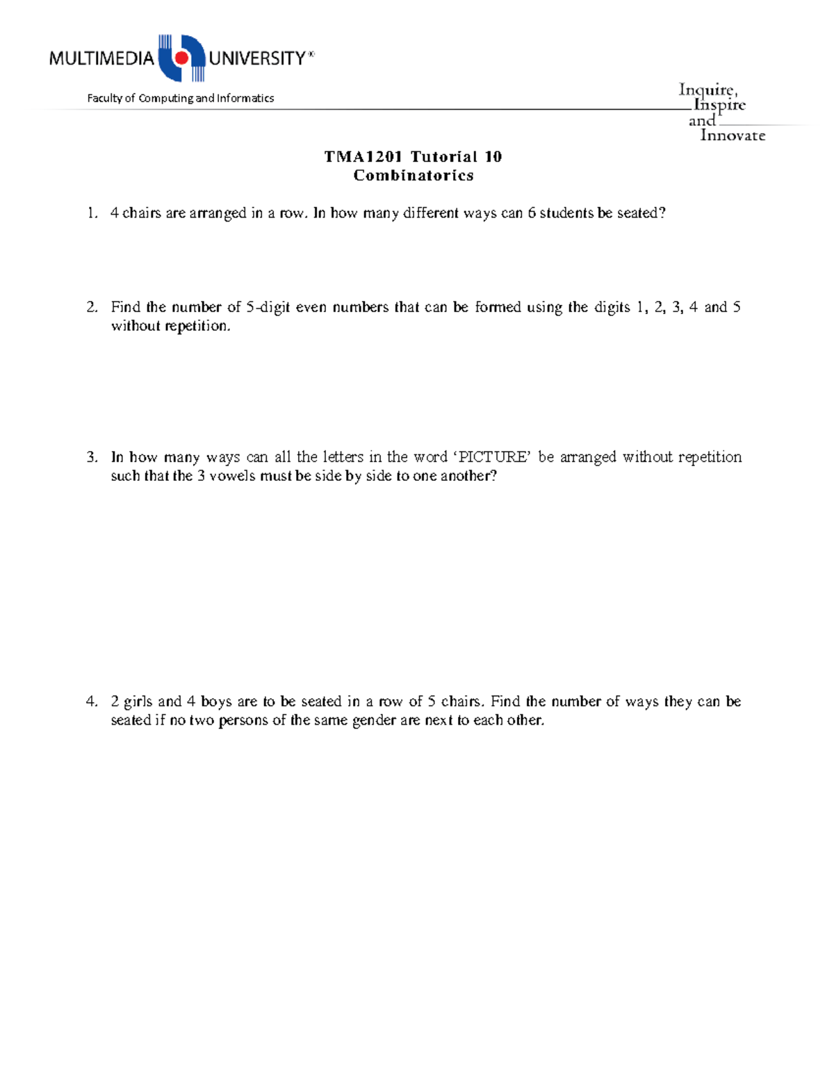 Tutorial 10 Combinatorics Faculty Of Computing And Informatics Tma1201 Tutorial 10