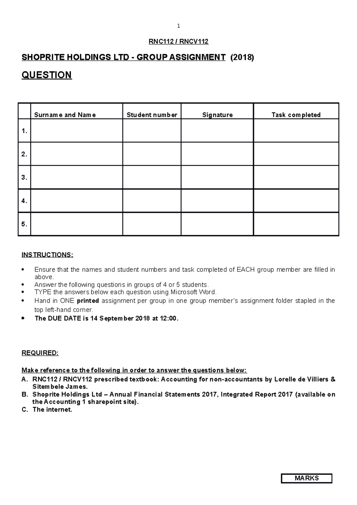 Shoprite Holdings Group Assignment Question Rncrncv 112 2018 - 1 RNC112 / RNCV112 SHOPRITE ...