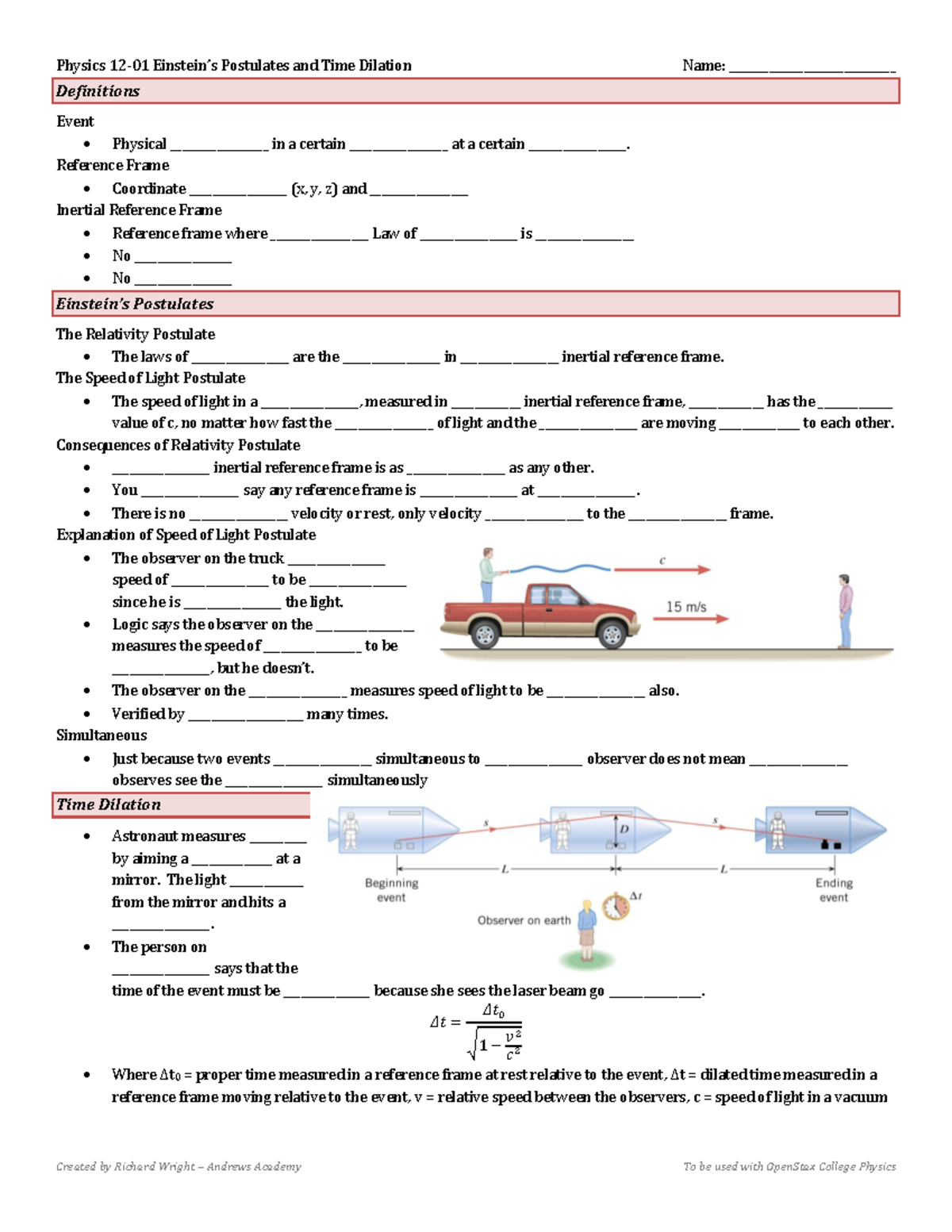 Physics Unit 12 Notes - homework - Physics 12-01 Einstein’s Postulates ...