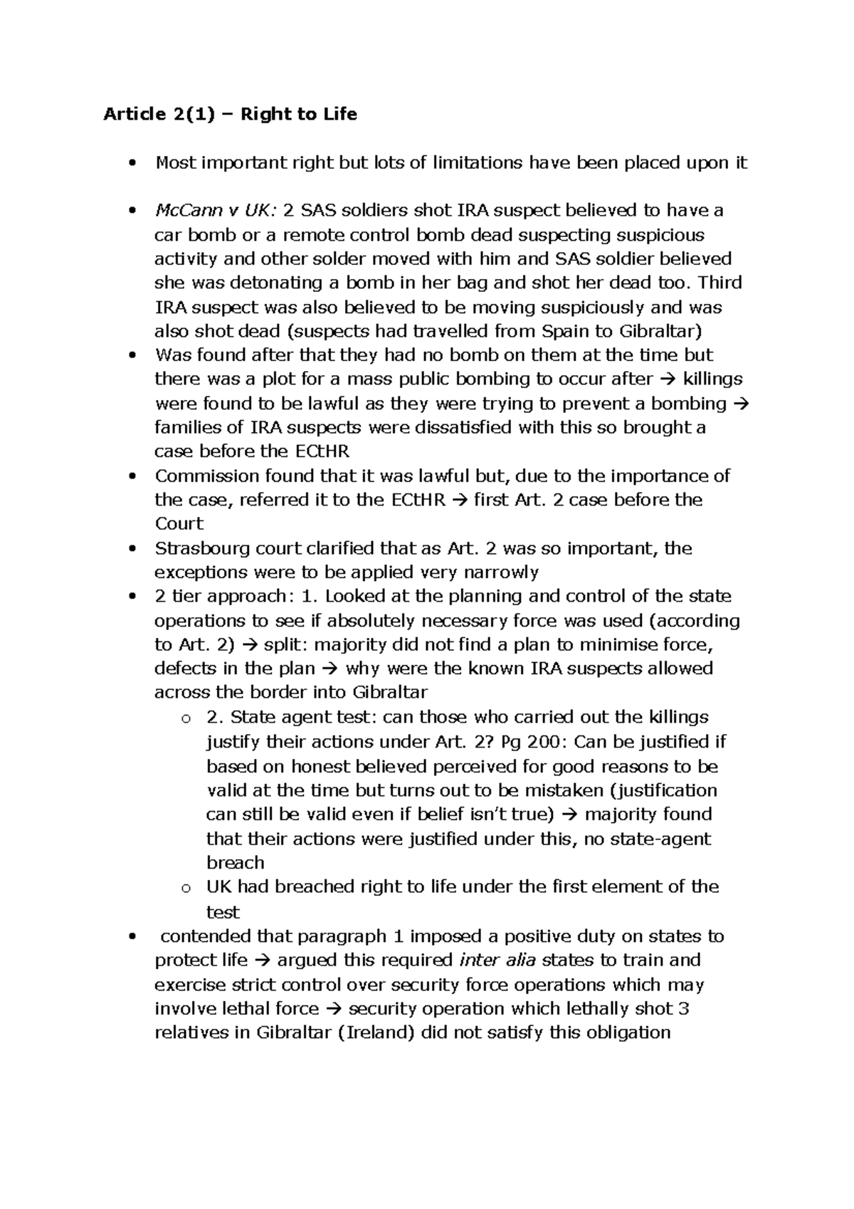 Article 2 Lecture Notes (detailed) - Article 2(1) – Right to Life Most ...
