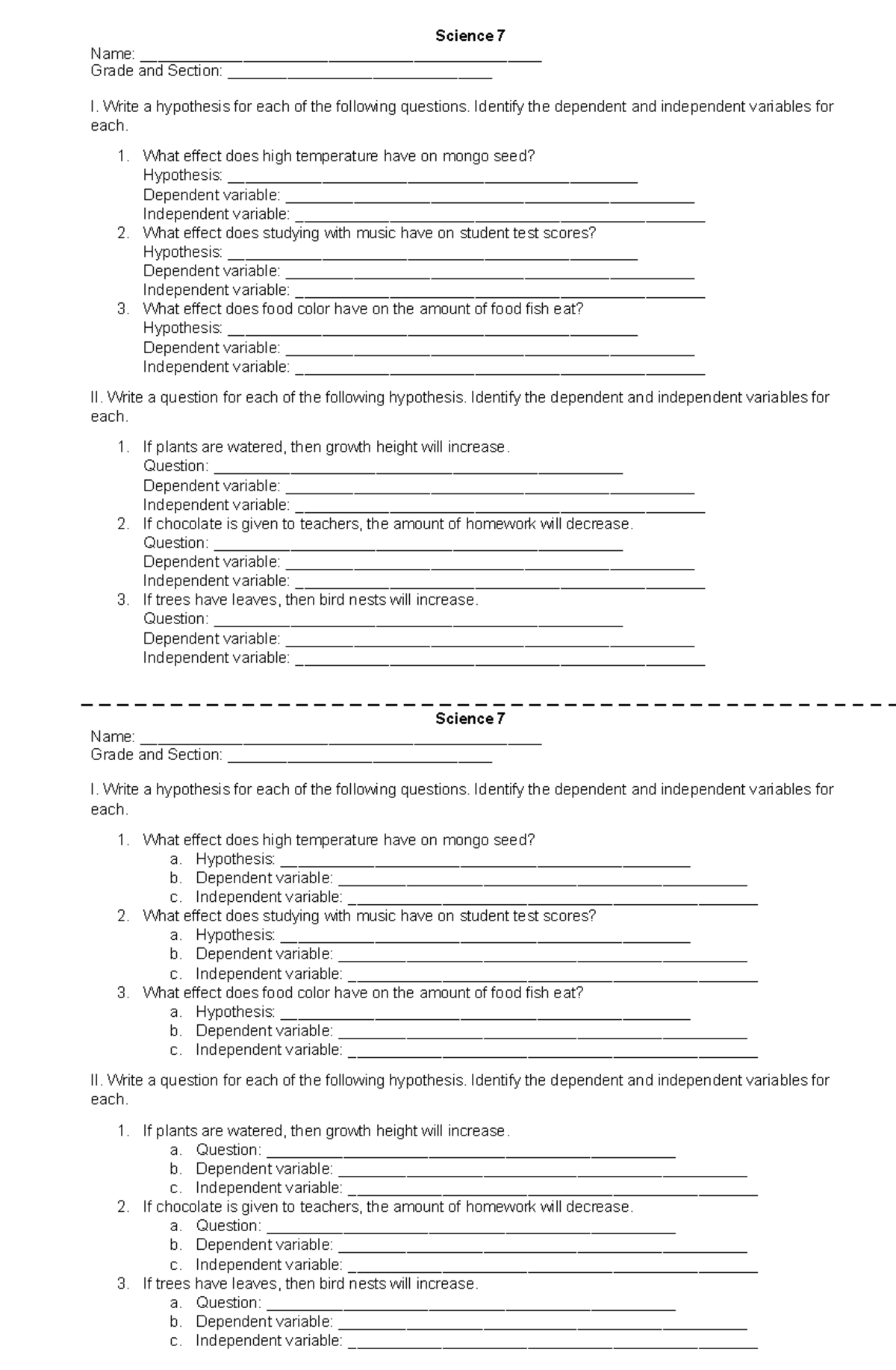 Activity questions and hypothesis - Science 7 Name