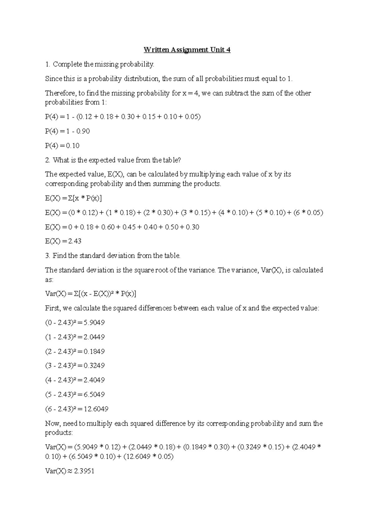 MATH 1280 written assignment 4 - Written Assignment Unit 4 Complete the missing probability ...