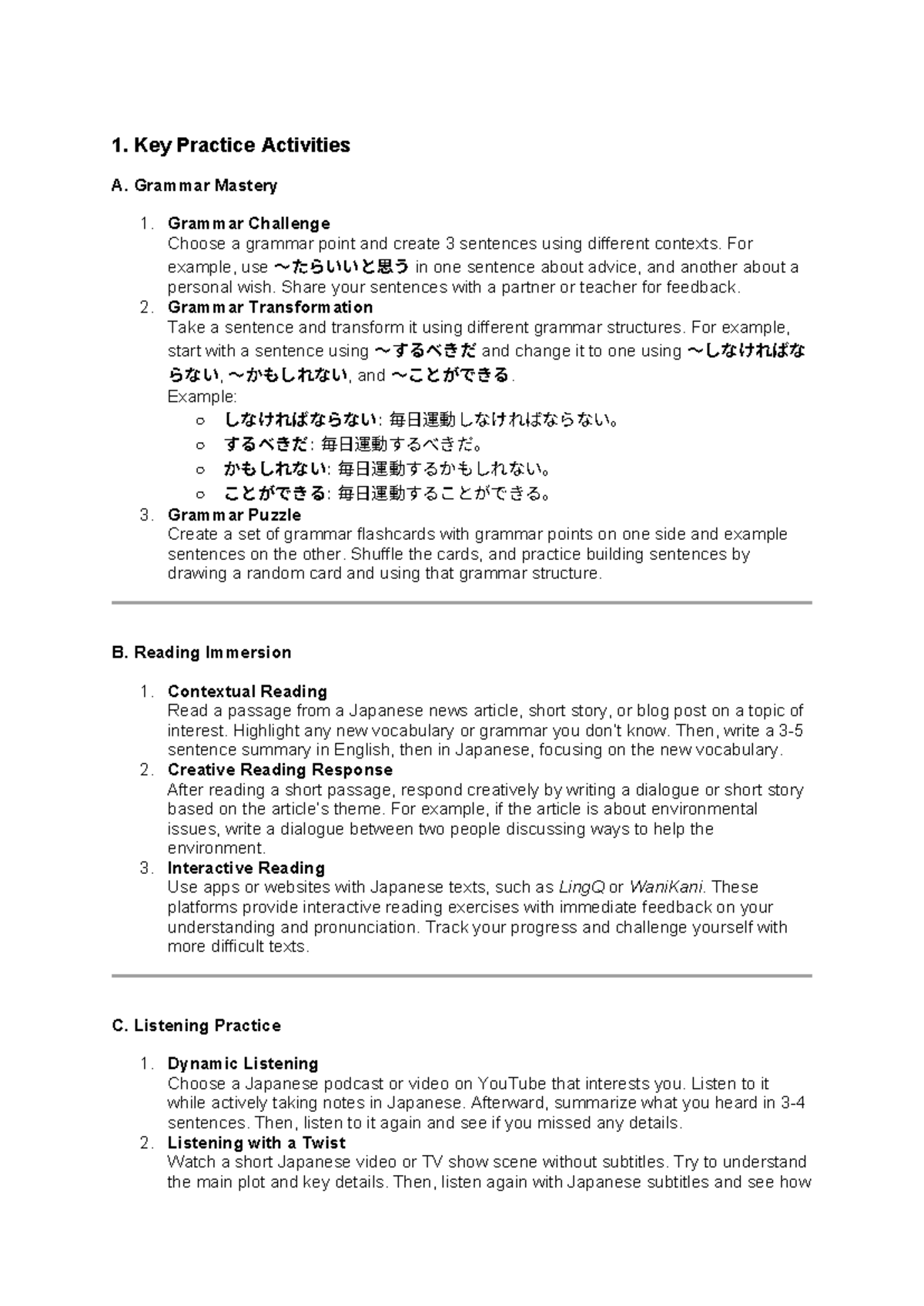 Japanese Practice activities - 1. Key Practice Activities A. Grammar ...