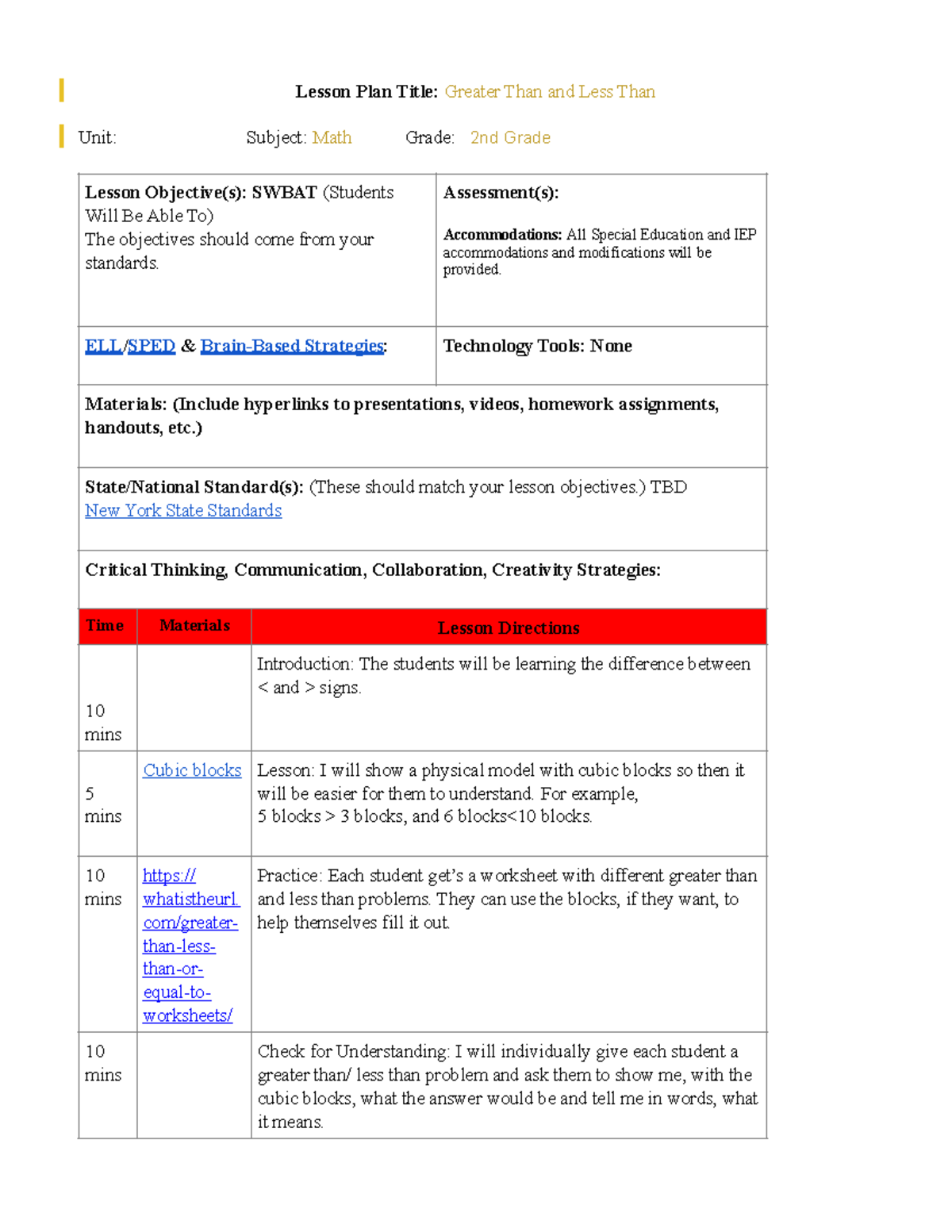 EDUC 106 0 Blank Lesson Plan Template - Lesson Plan Title: Greater Than ...