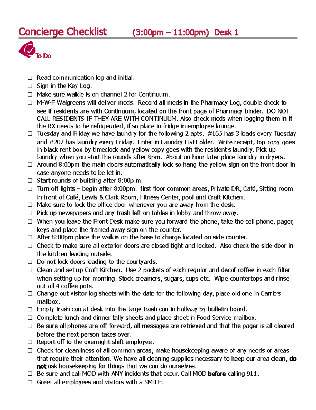 3 to 11 Concierge checklist DH - Concierge Checklist ( 3 : 00 pm – 11 : ...