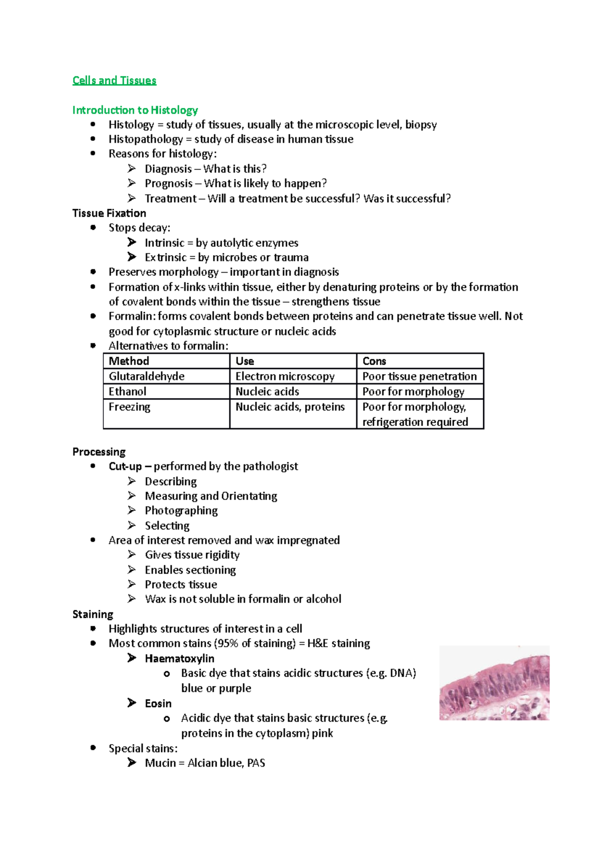 Cells and Tissues - Notes - Cells and Tissues Introduction to Histology ...