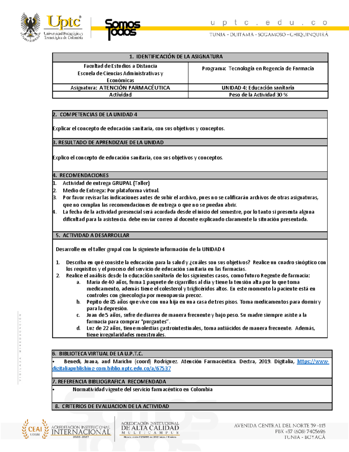 Actividad 4. Educacion Sanitaria - 1. IDENTIFICACIÓN DE LA ASIGNATURA Facultad de Estudios a ...