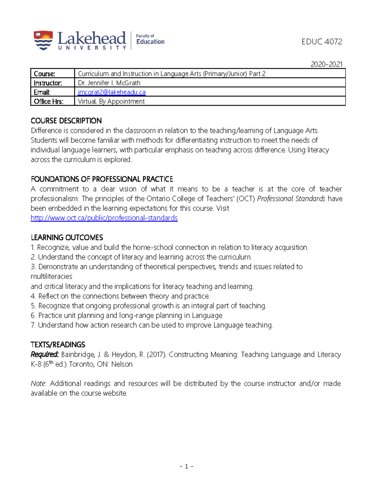EDUC 4072 Mc Grath Course Outline - EDUC 4072 2020 - 2021 Course: Curriculum and Instruction in ...