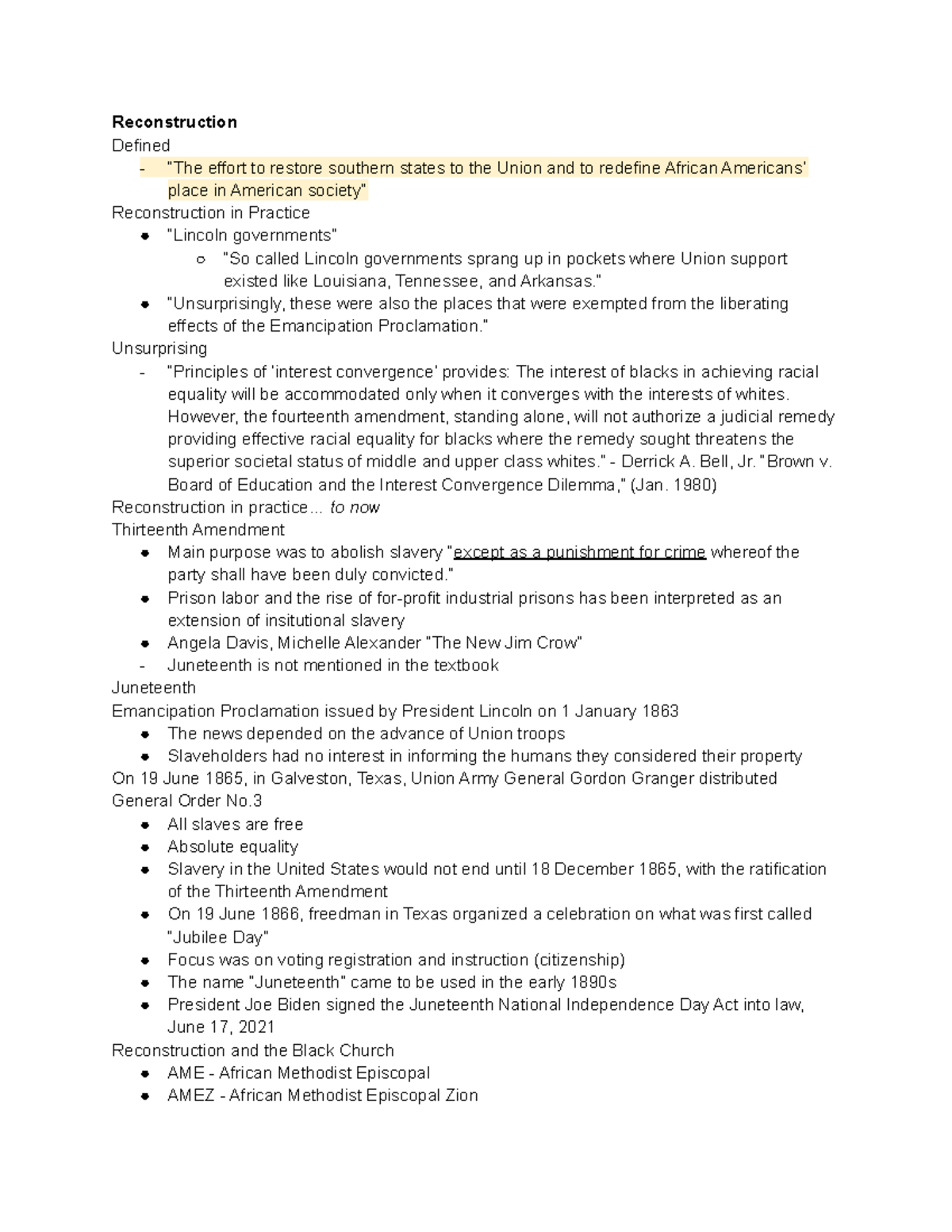 HIST 2620 Reconstruction Notes - Reconstruction Defined