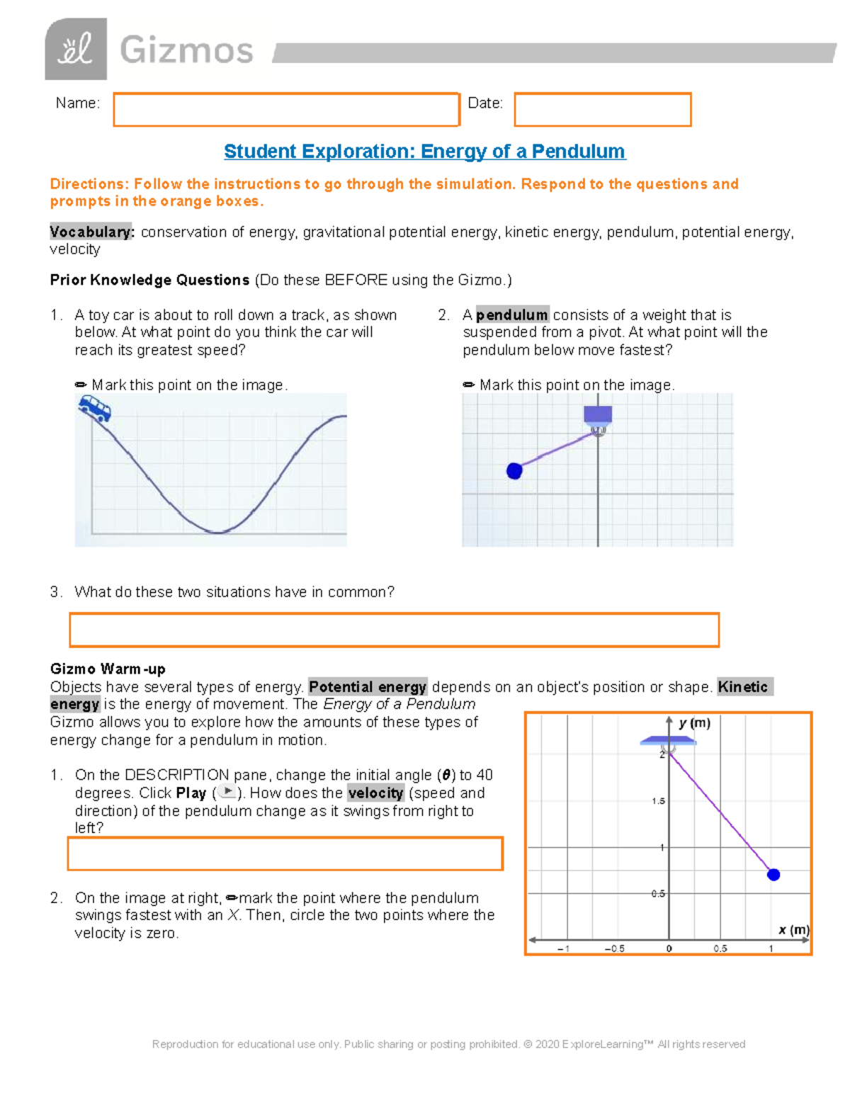 Copy of Energy Pendulum SE - Name: Date: Student Exploration: Energy of a Pendulum Directions ...
