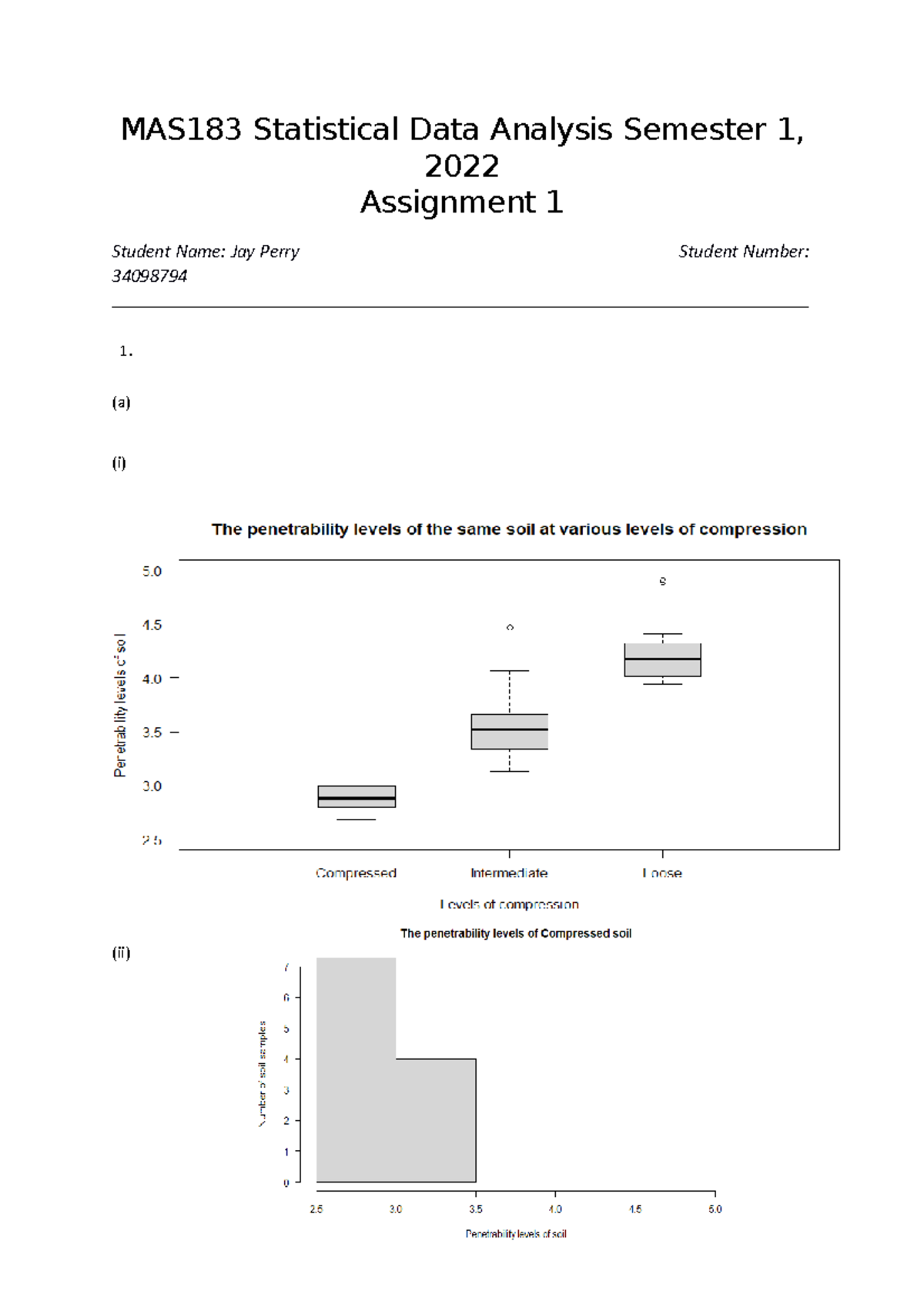 Assign 1 - MAS183 Statistical Data Analysis Semester 1, 2022 Assignment 1 Student Name: Jay ...