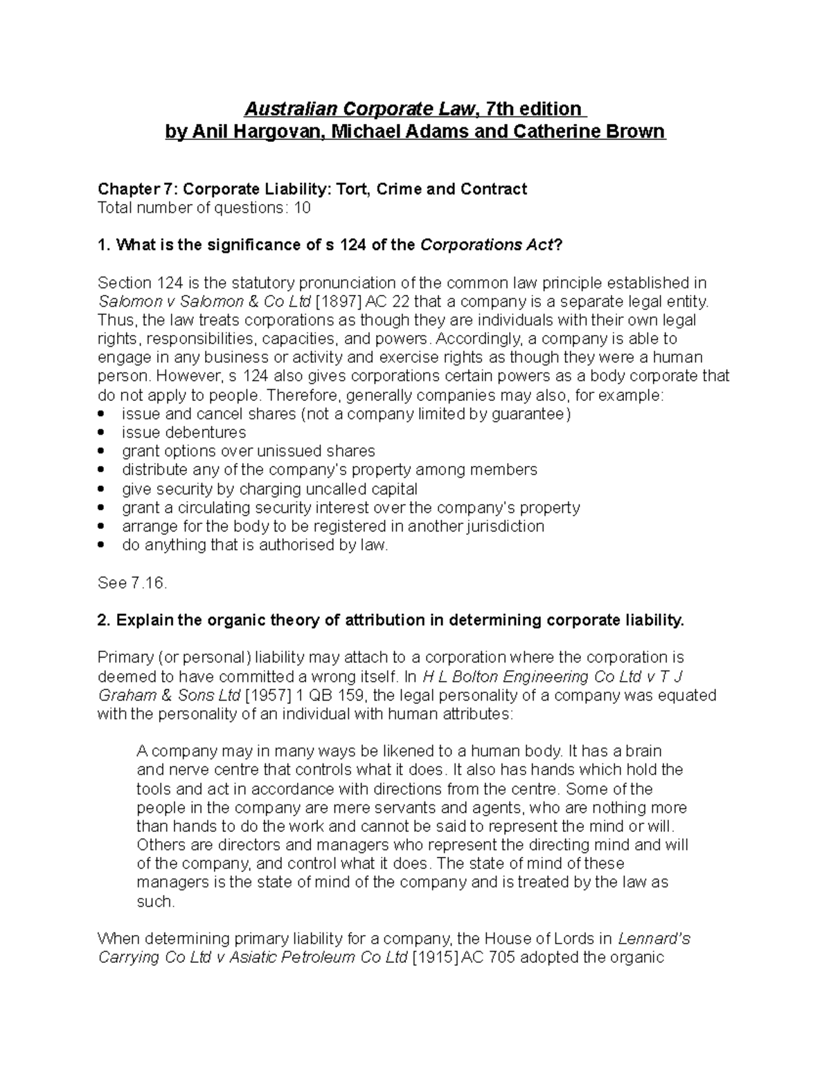 10 questions about Chapter 7- Corporate Liability- Tort, Crime and ...