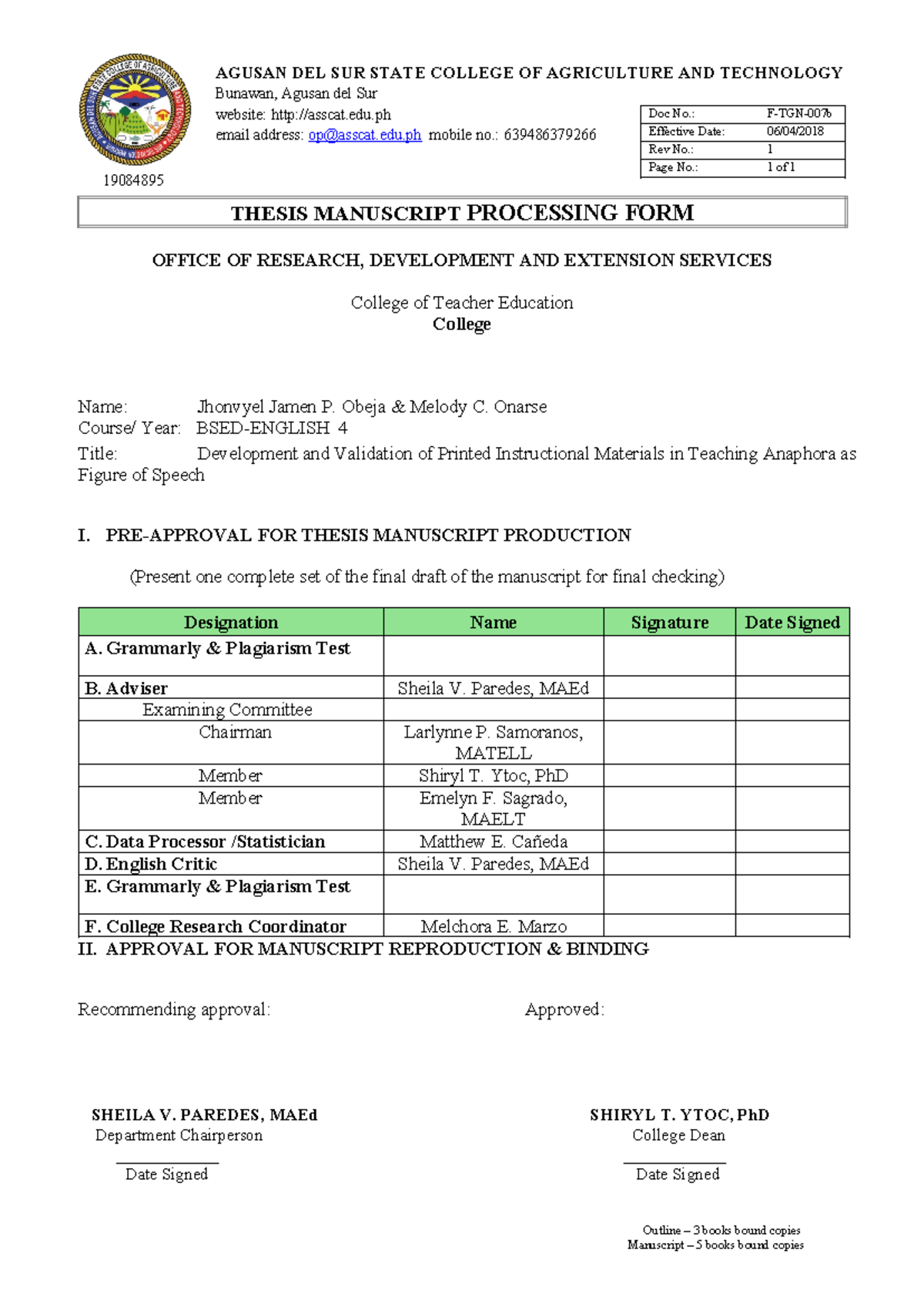 F-TGN-007b Thesis Manuscript Processing Form - AGUSAN DEL SUR STATE COLLEGE OF AGRICULTURE AND ...