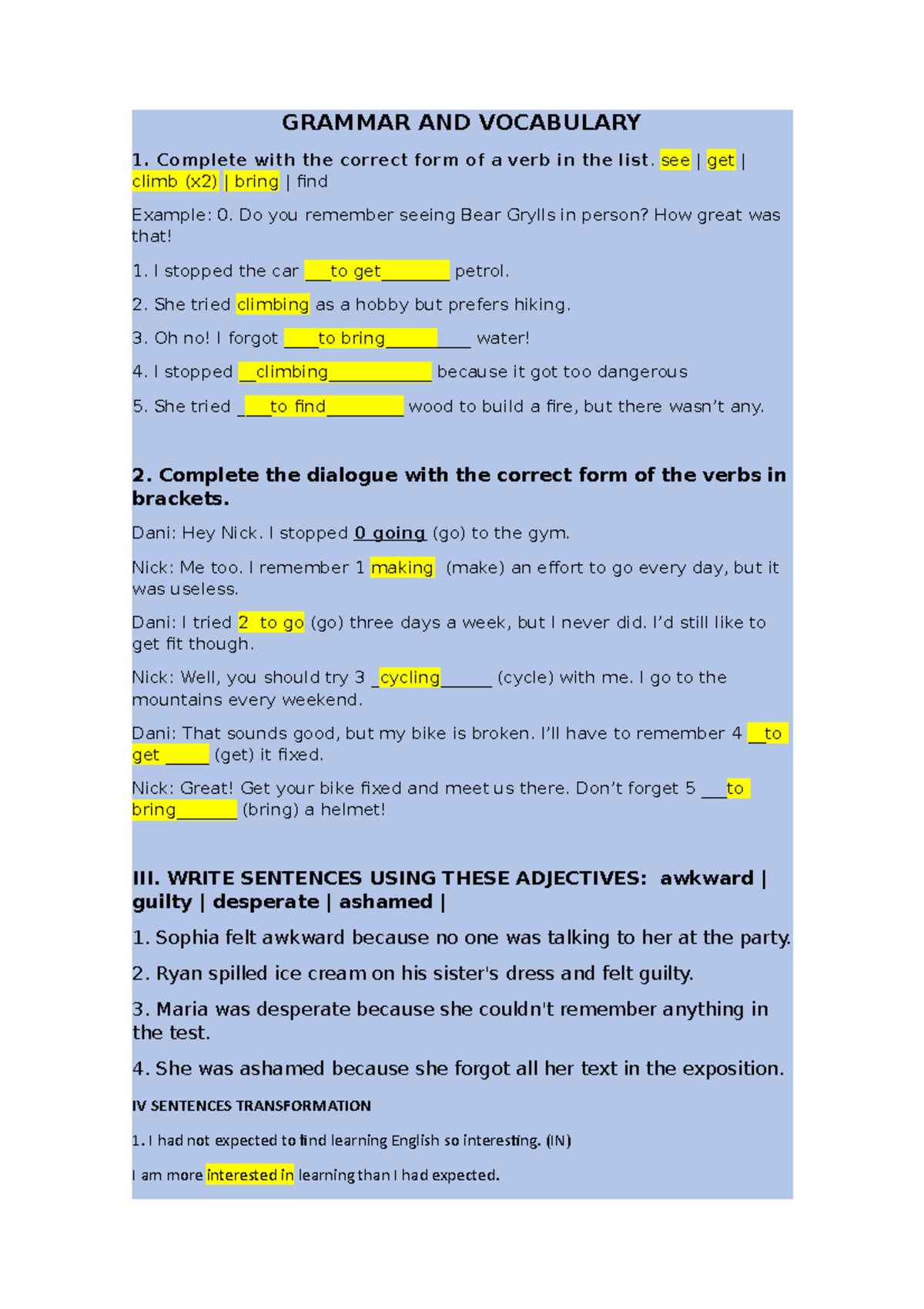 5 U1 Grammar Vocab Sample 3 - GRAMMAR AND VOCABULARY Complete with the ...