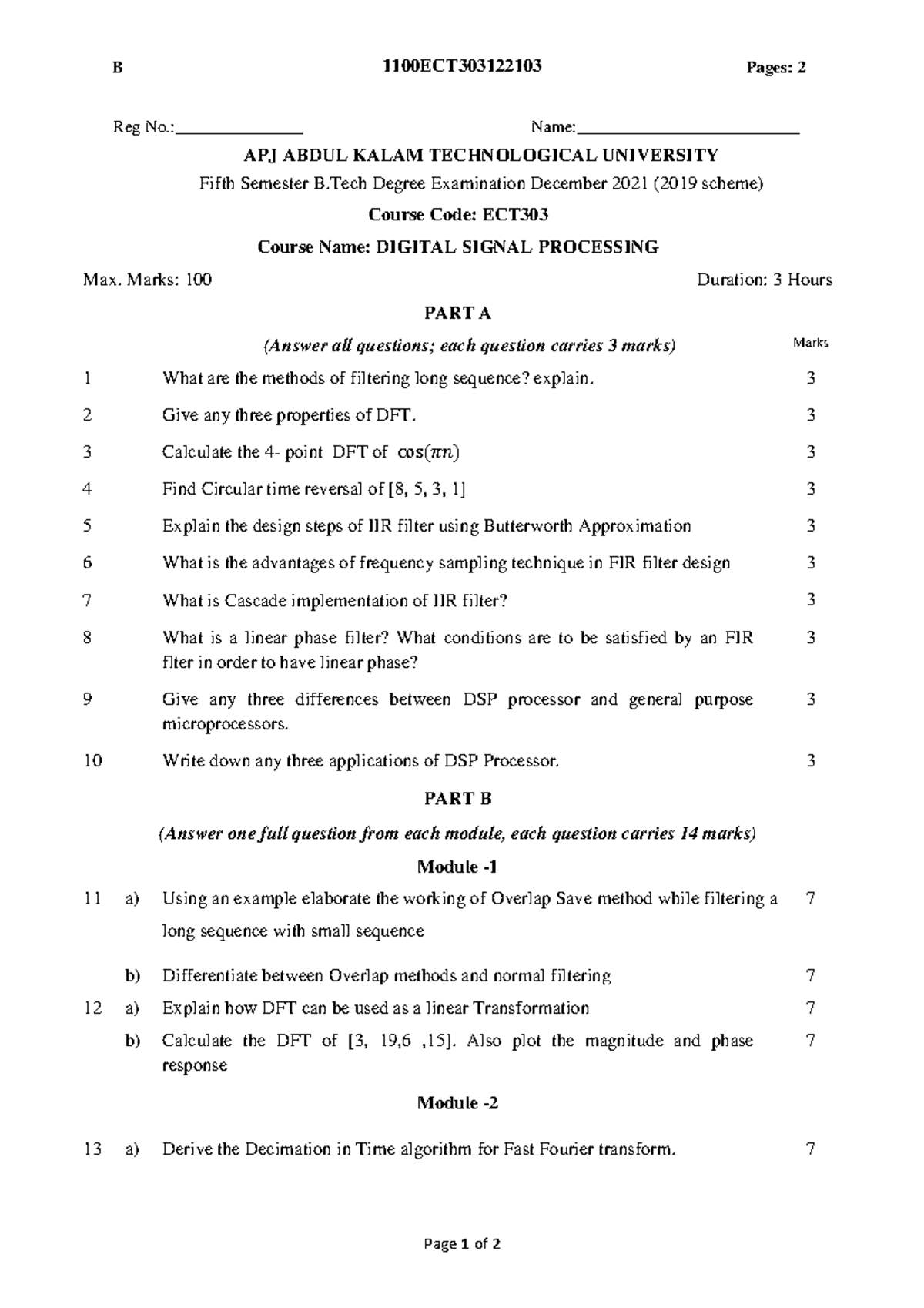ECT303-A - Question paper s4 ece - 1100ECT Page 1 of 2 Course Code: ECT ...