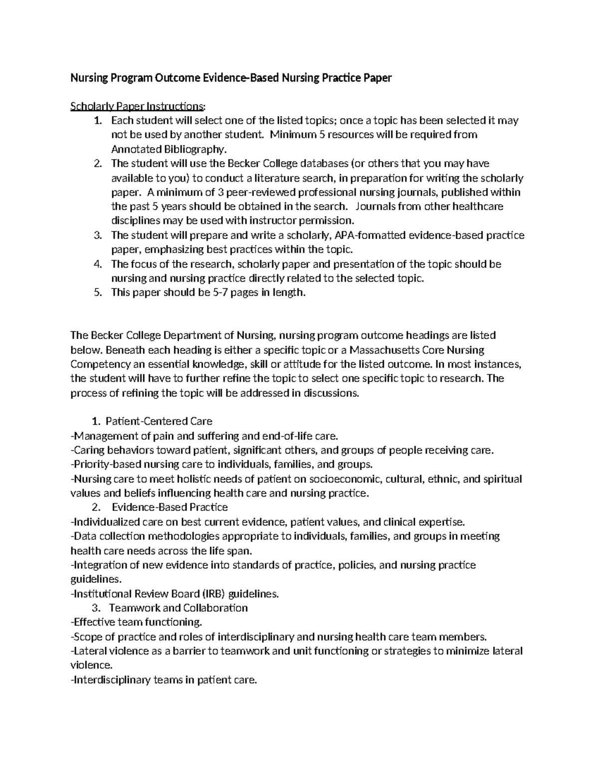 NU1200 Nursing Program Outcome Evidence Paper Instructions-1 - Nursing ...